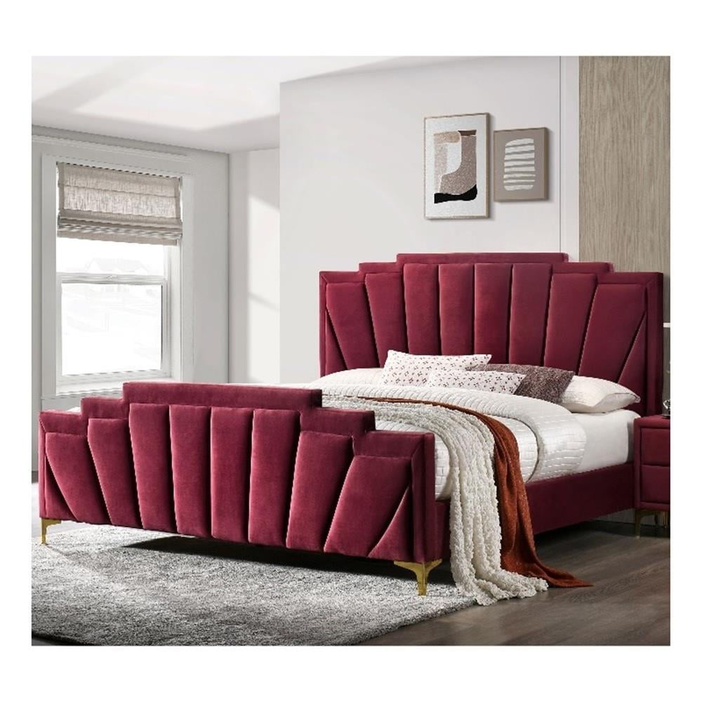 Furniture of America Glanz Glam Fabric Tufted Queen Bed in Red ...