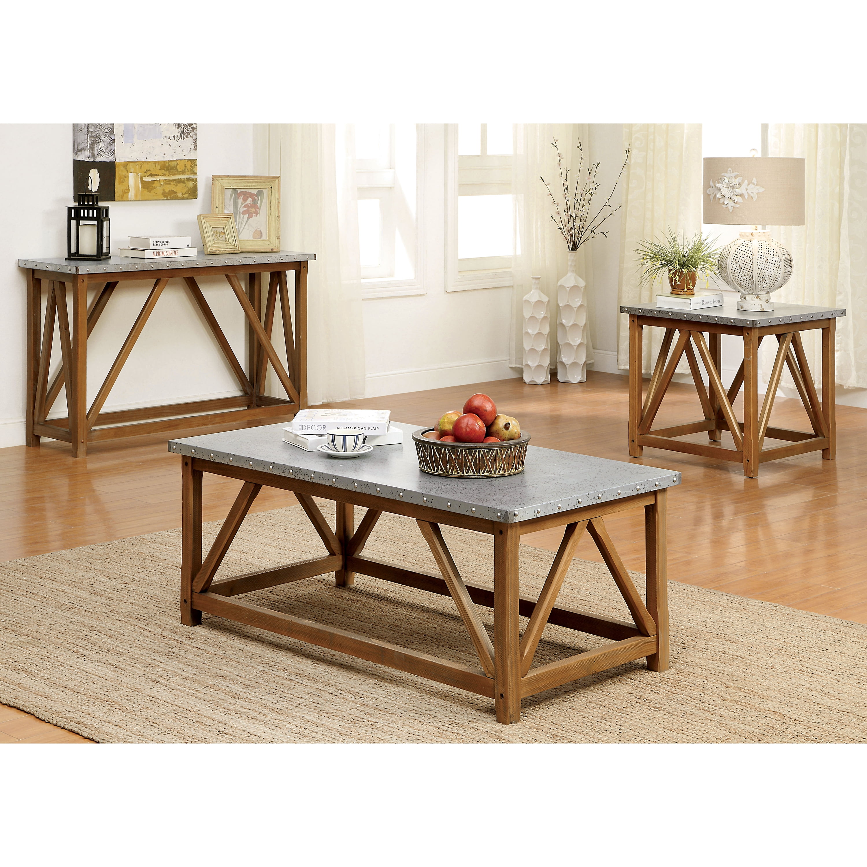Furniture of America Josey 3-Piece Coffee Table Set, Natural Tone ...