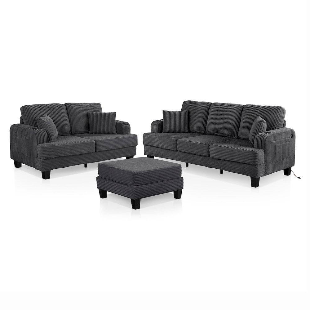 Furniture of America Kasin 3-Piece Chenille Living Room Set with USB ...