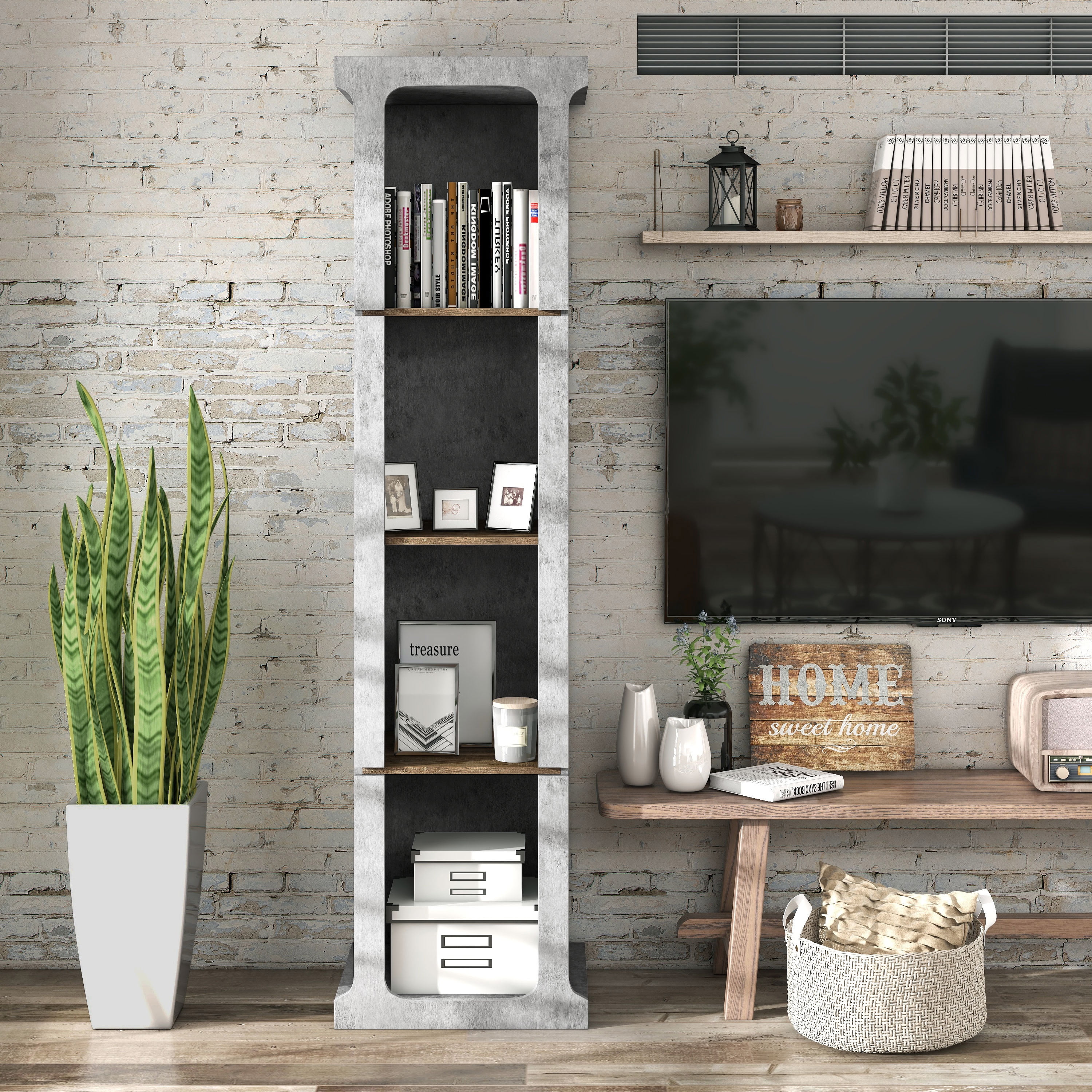 Furniture of America Kirk 4-Shelf Wood Television Stand Tower, Cement ...