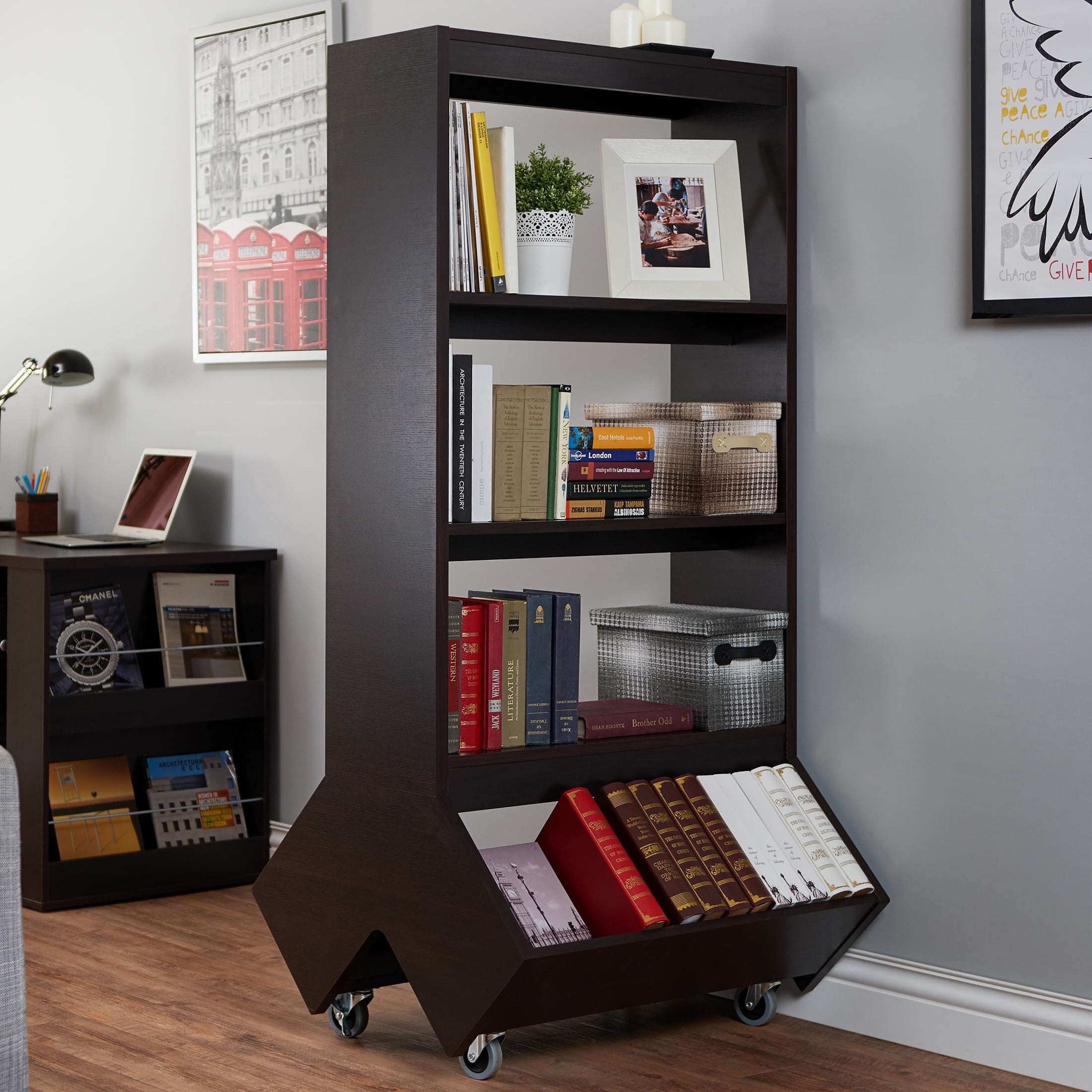 Furniture of America Lopher Bookcase with Casters, Espresso - Walmart.com