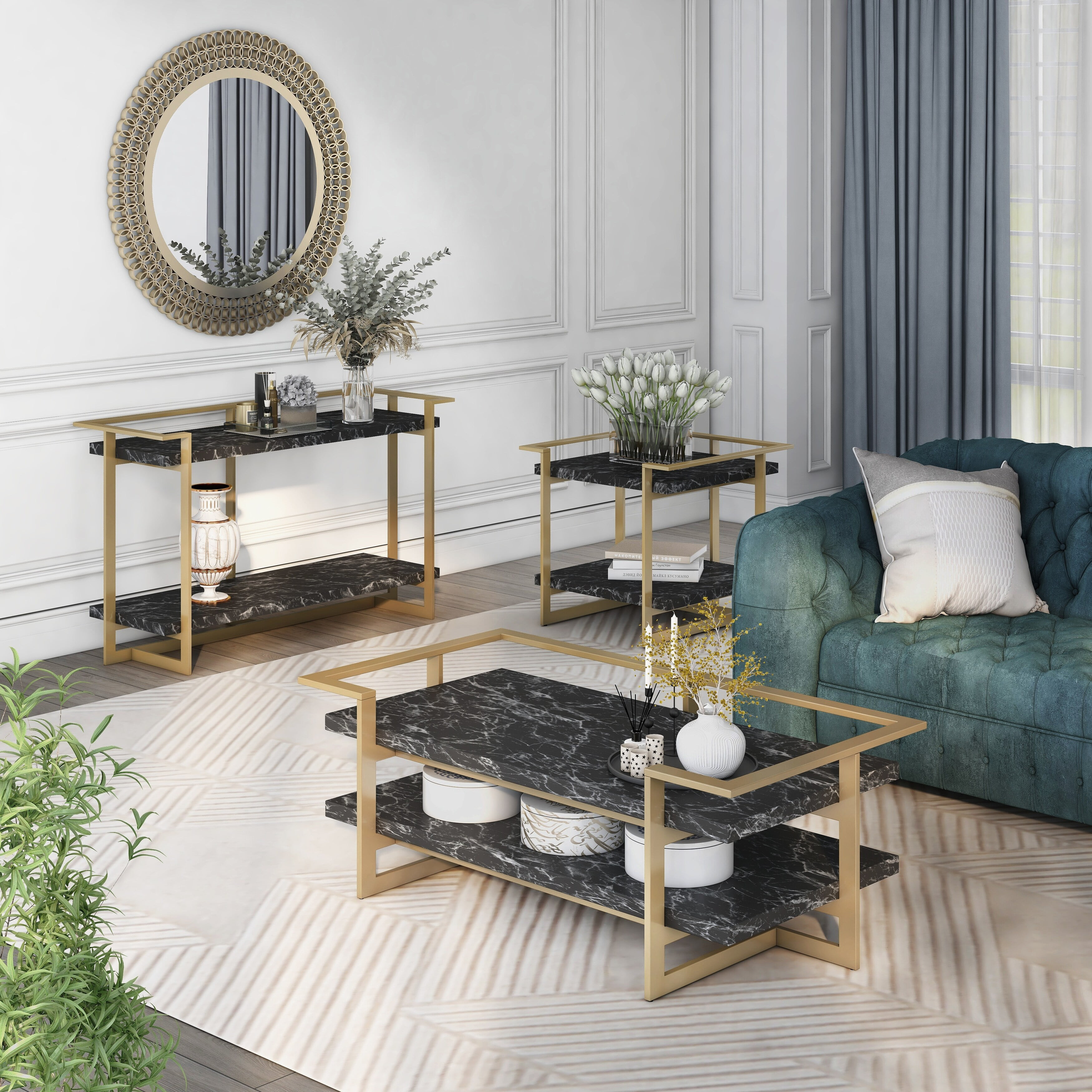 Furniture of America Lovell Glam Gold and Black Faux Marble 3-Piece ...