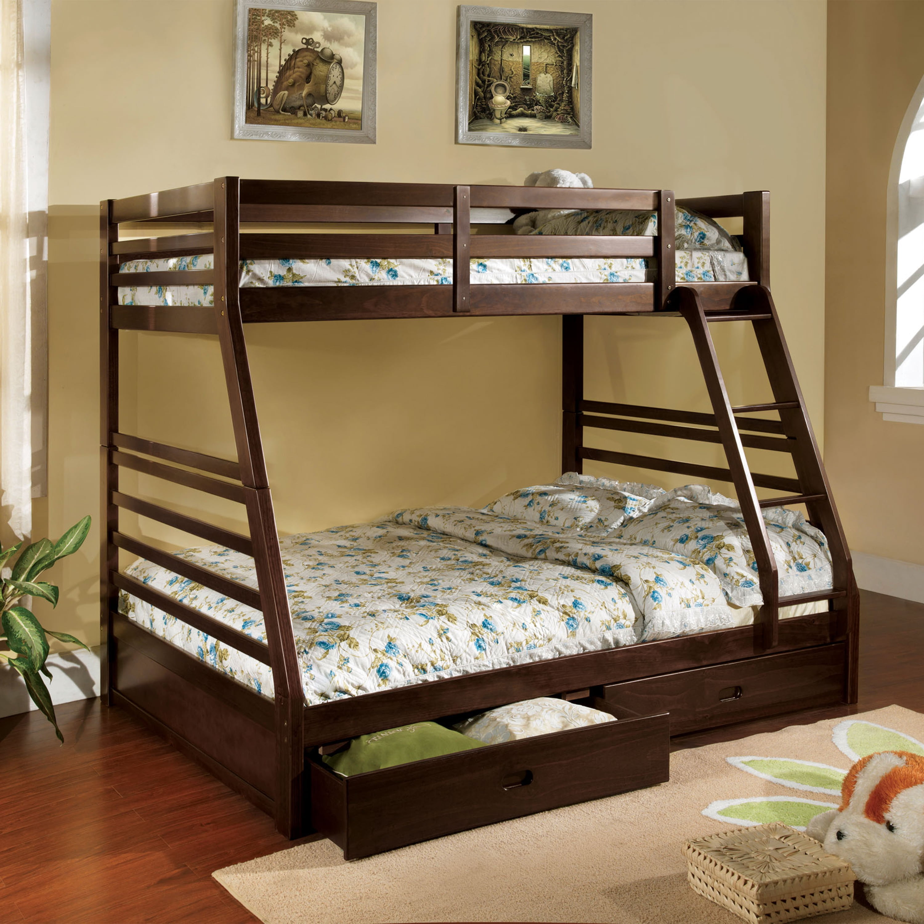 Furniture of America Luke Wood Bunk Bed with Drawers, Twin/Full, Walnut ...