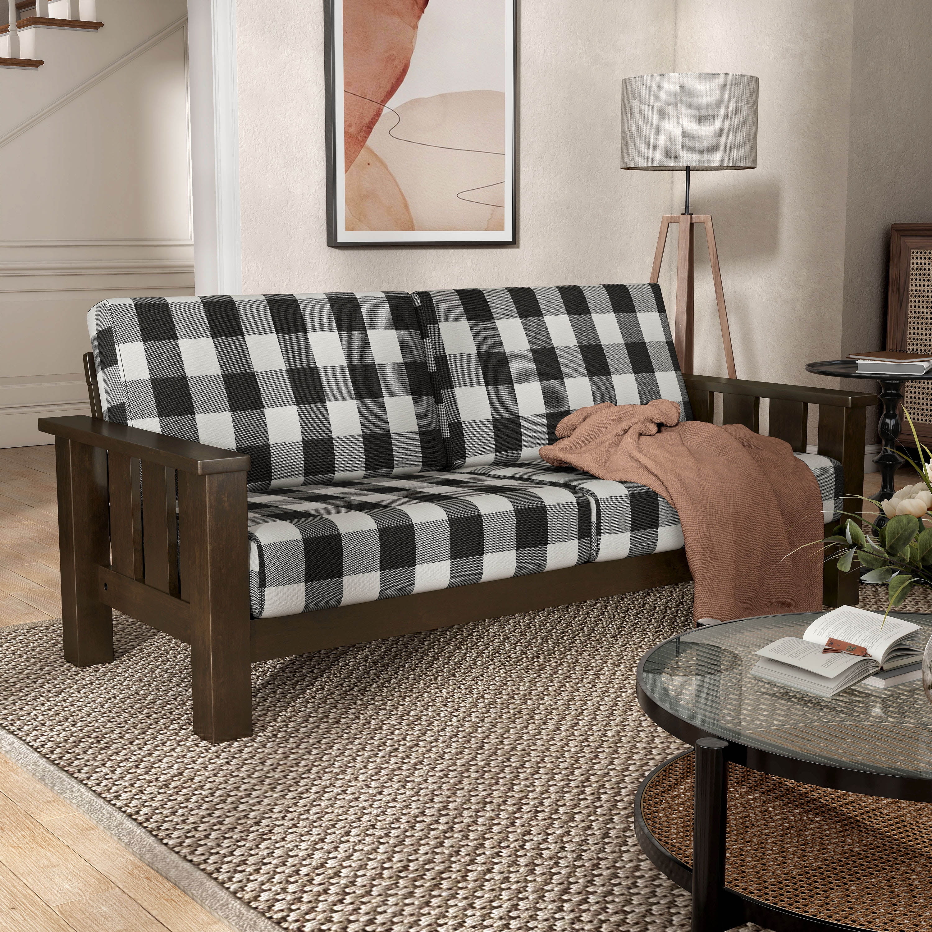 Furniture of America Mell Rustic Solid Wood Plaid Pattern Cushion Sofa ...