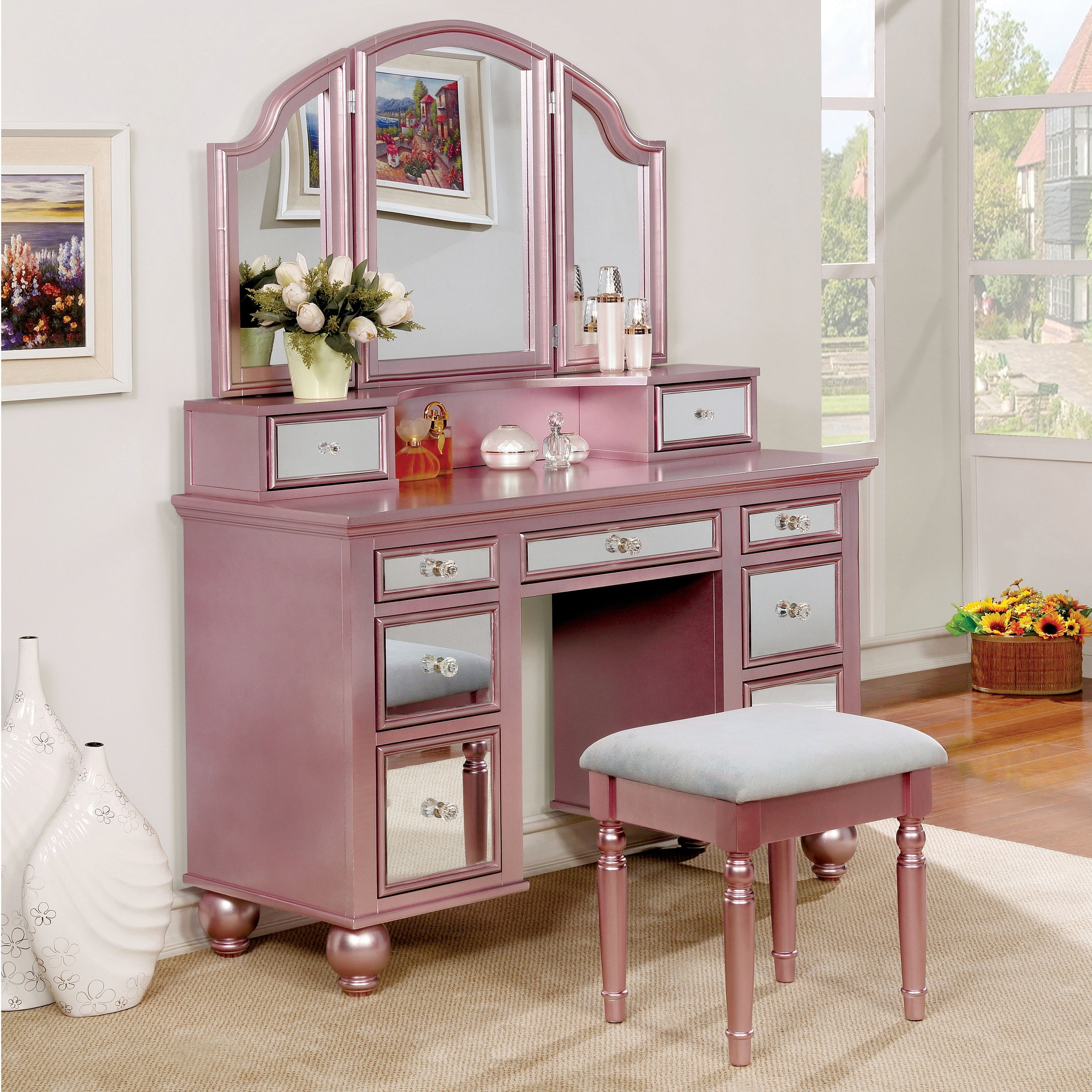 Furniture of America Nena Glam Wood 3 Piece Makeup Vanity Set with Tri fold Mirror Rose Gold Rosewood Finish Painted