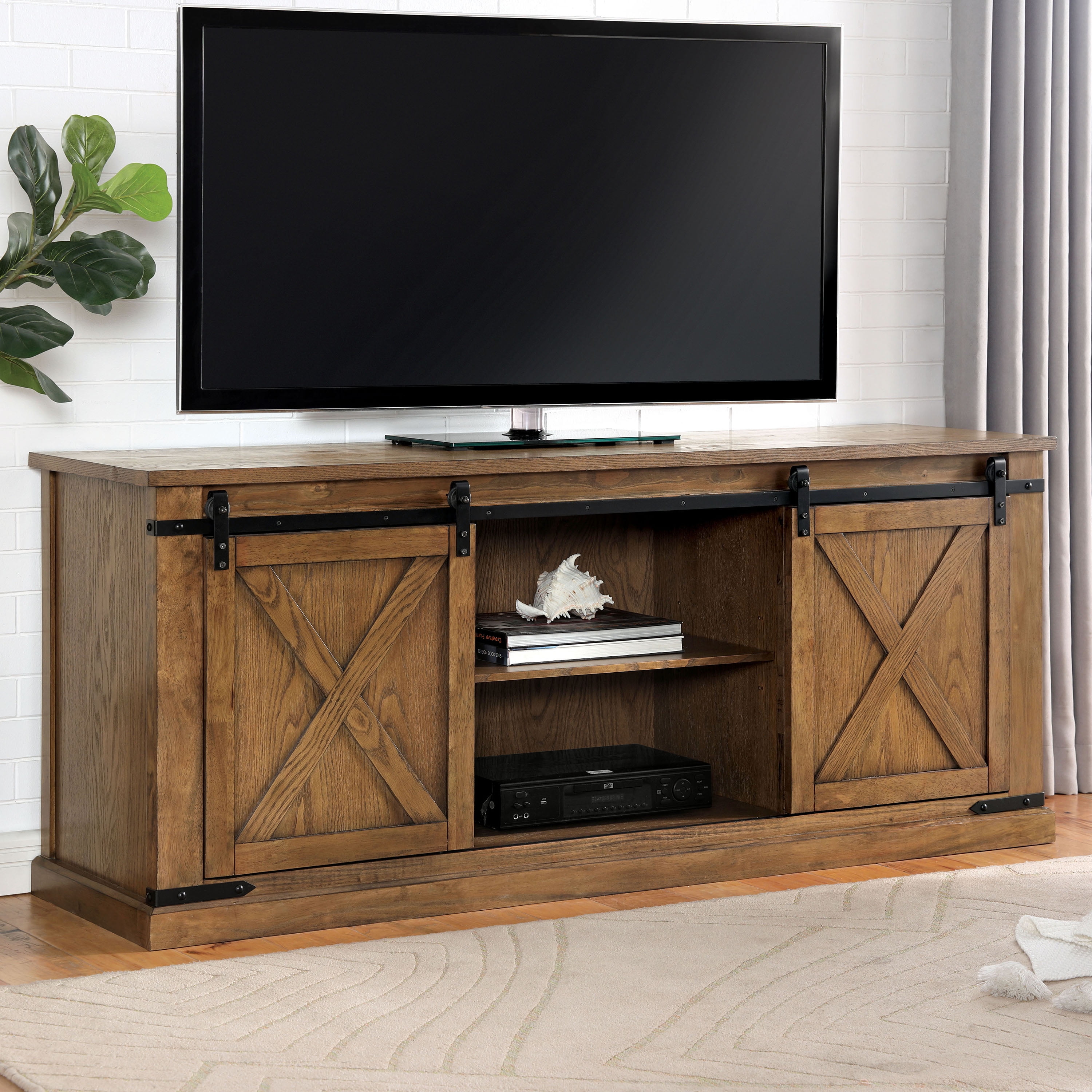 Furniture of America Nimmer Sliding Door with 6-Shelf Wood Dark Oak TV ...