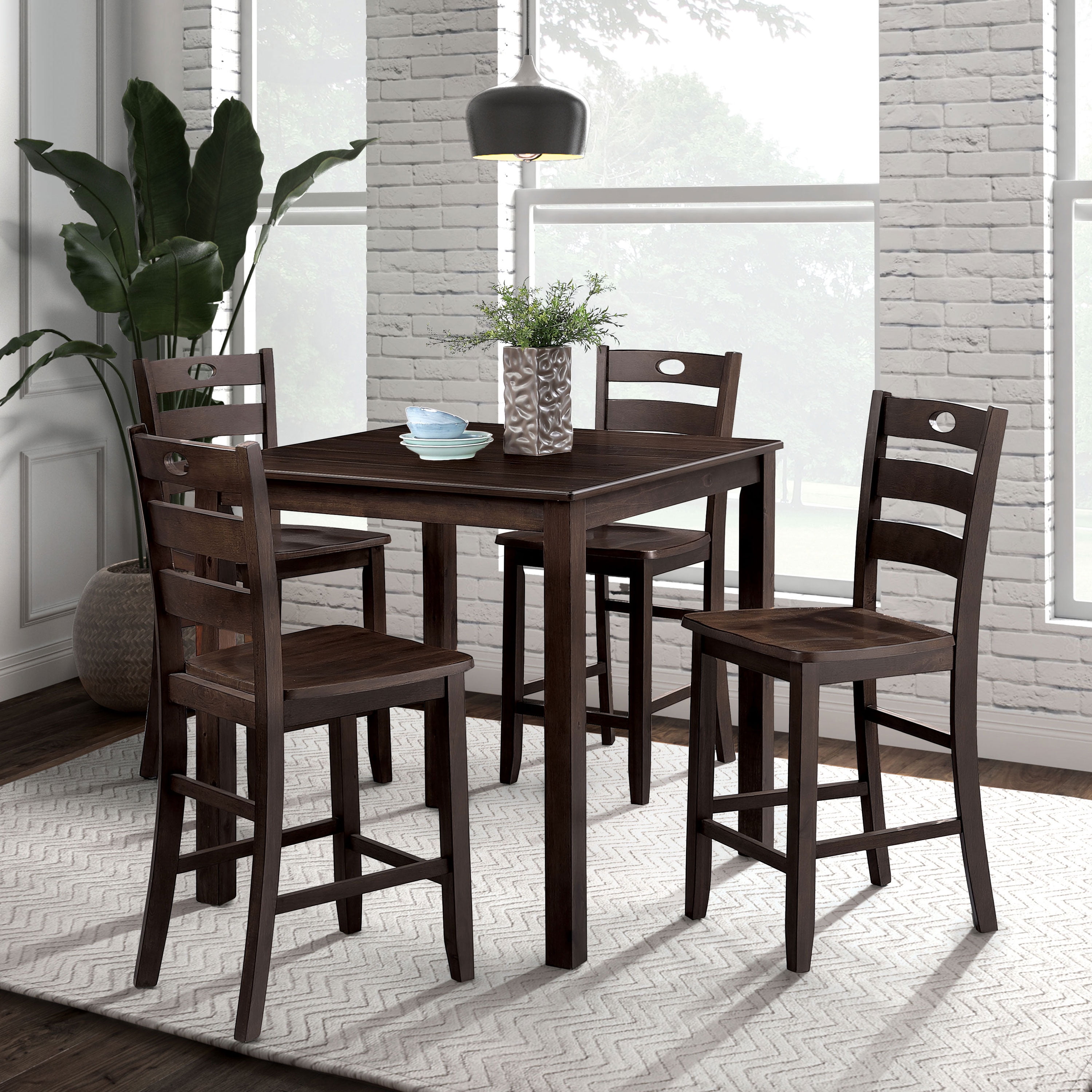Furniture of America Nolan 5-Piece Solid Wood Counter Height Dining Table Set, Espresso ...