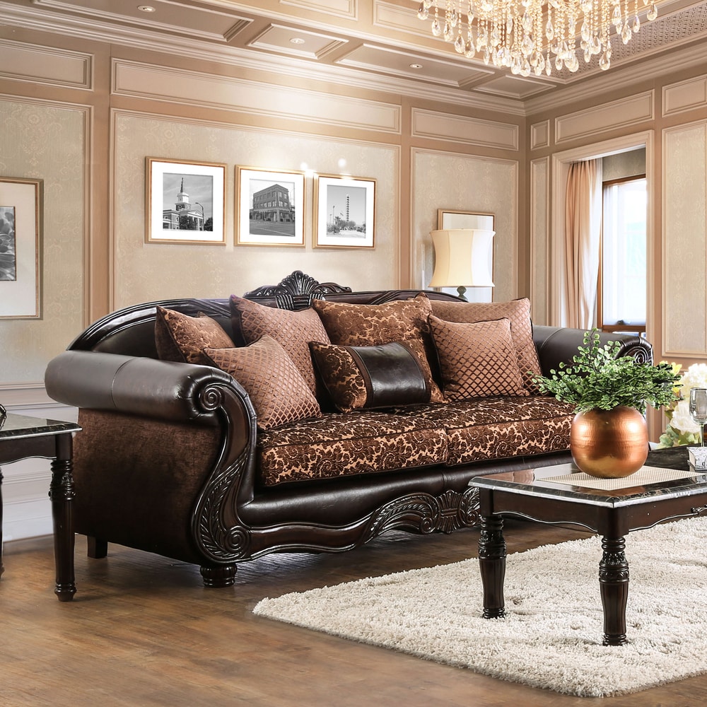 Furniture of America Quez Traditional Brown Faux Leather Rolled Arms ...