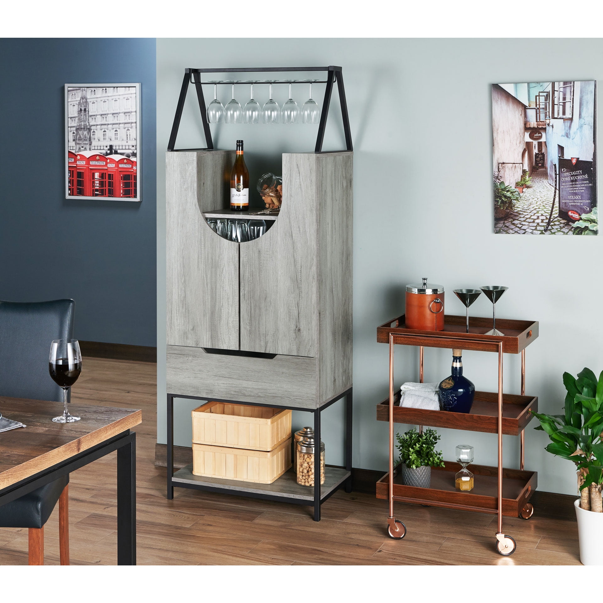 Furniture of America REON Multi Storage Wine Cabinet Gray Oak