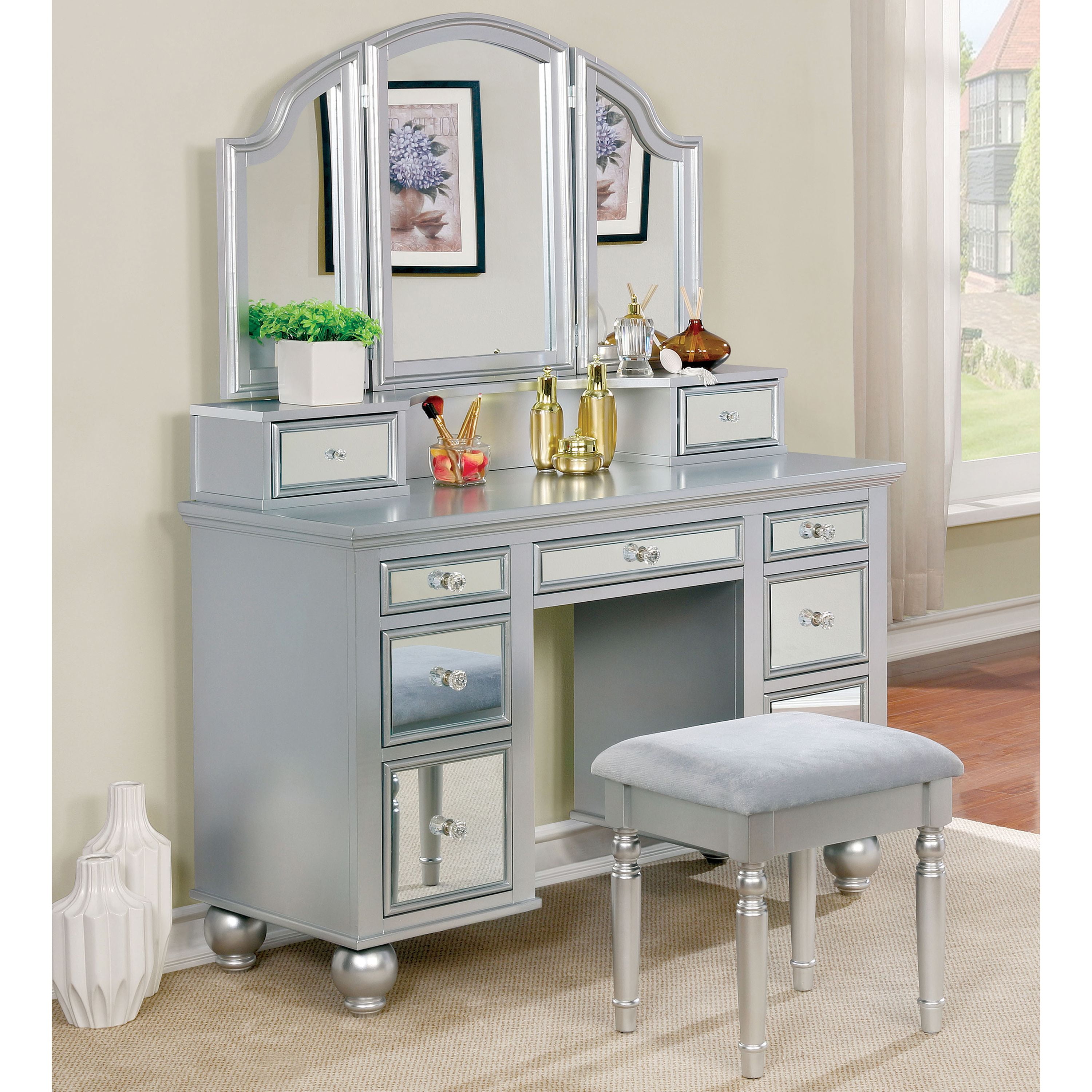 Free Shipping! Furniture of America Stella 3-Piece Silver Vanity Set ...