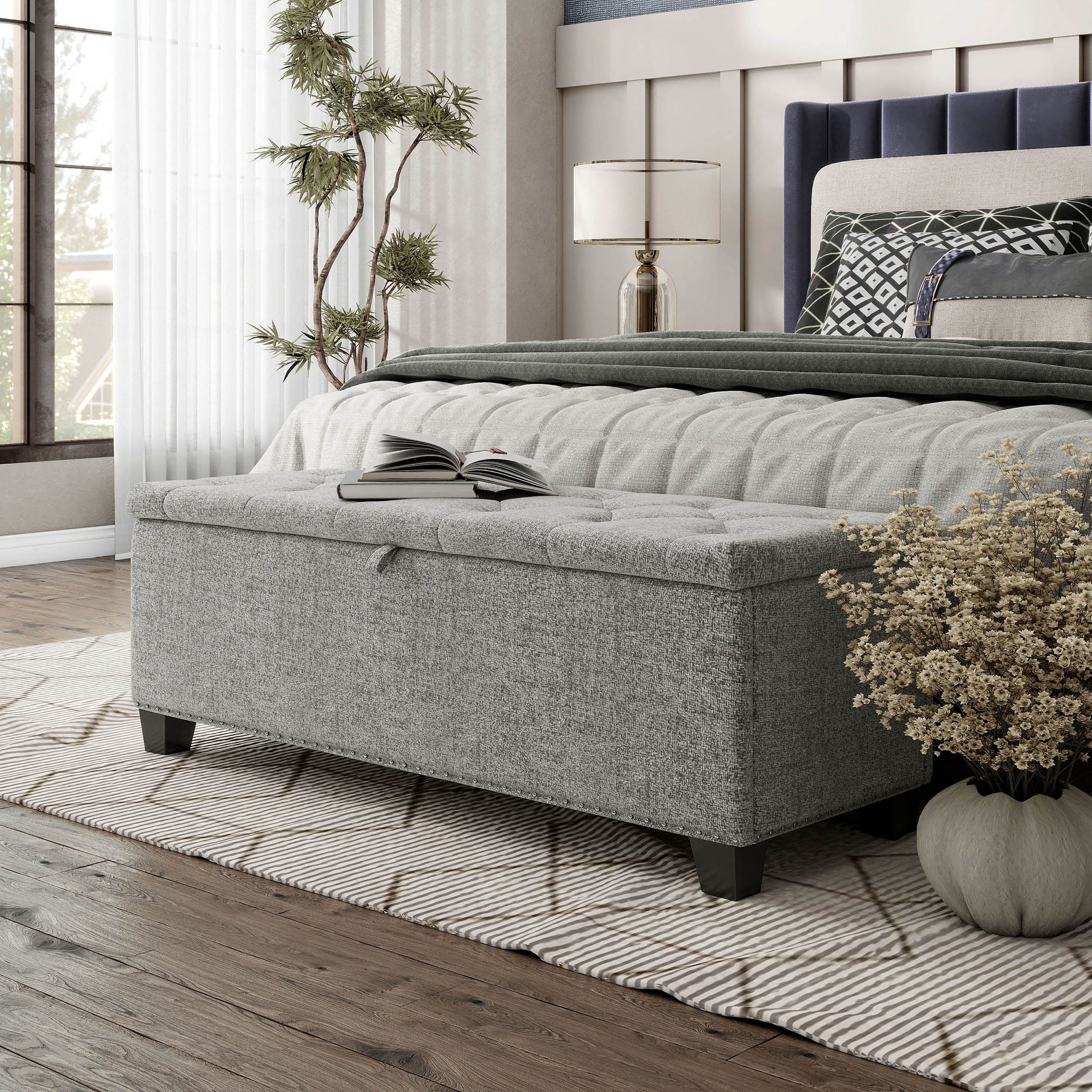 Furniture of America Suffolk Linen Storage Ottoman Bench, Light Gray, Modern Entryway Seating ...