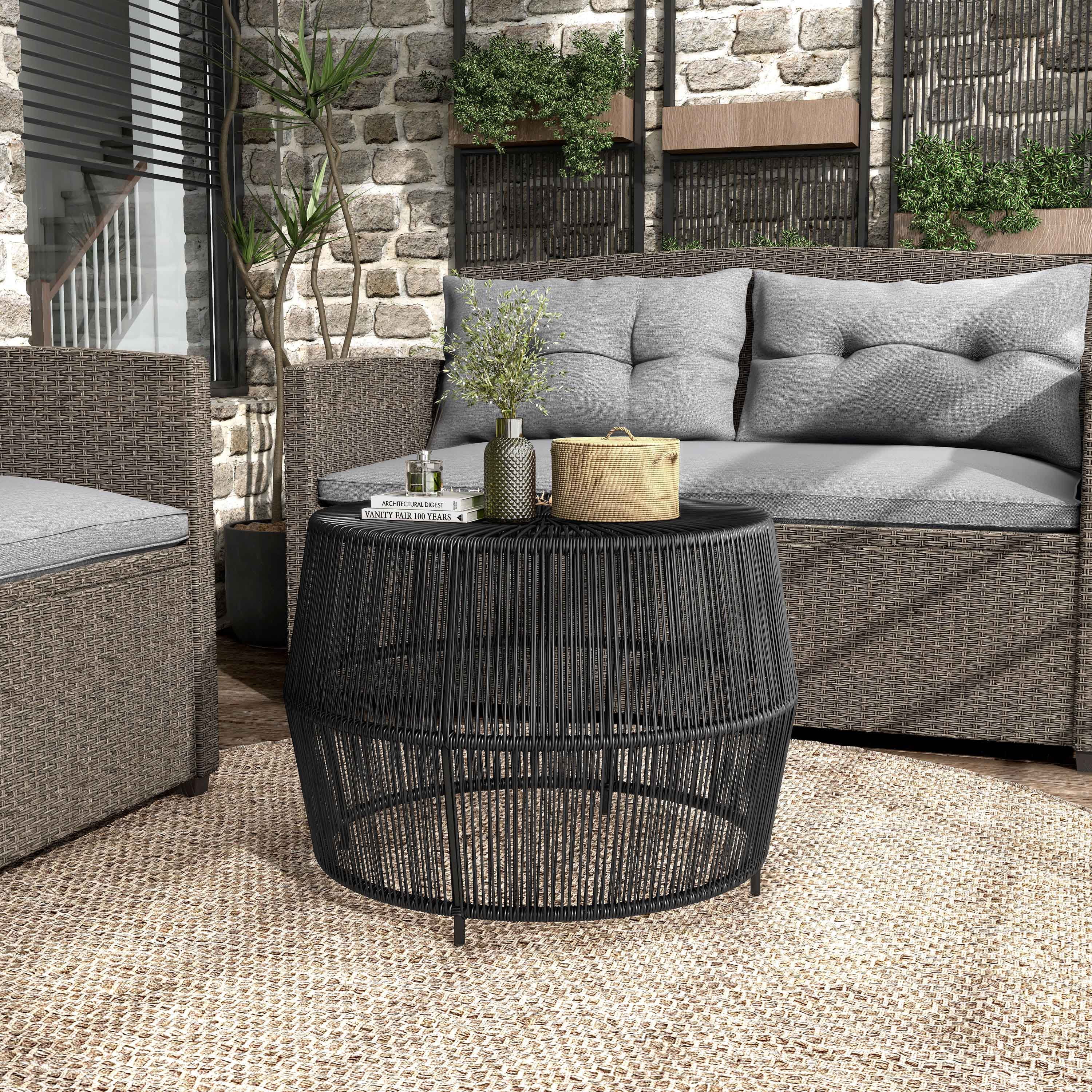 Furniture of America Tej Round Metal and Rattan Black Coffee Table ...
