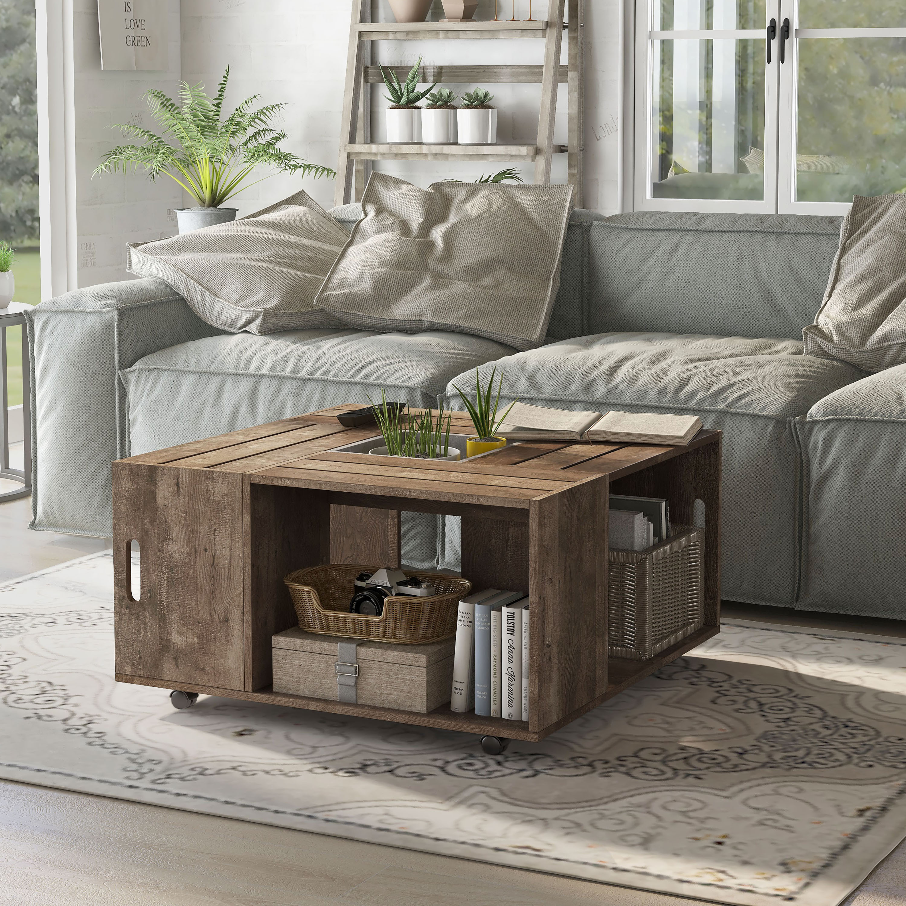 Furniture of America Torme Storage Wood Reclaimed Oak Coffee Table with Casters - Walmart.com