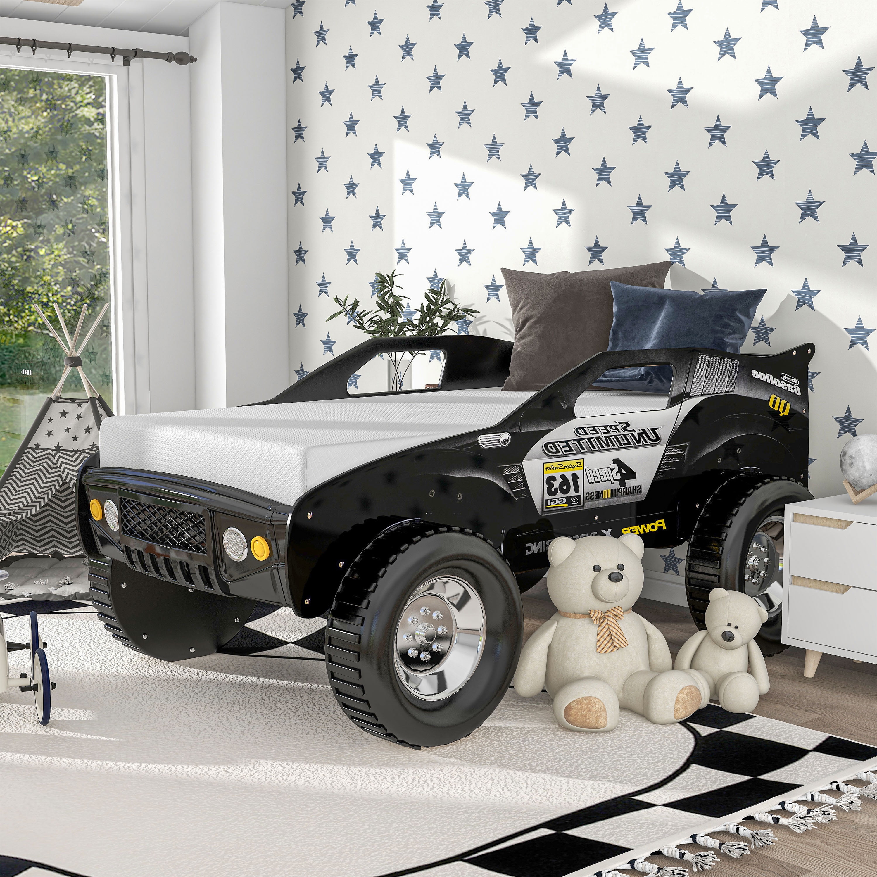 Furniture of America Venture Kids Twin Size Racing SUV Car Bed with LED ...
