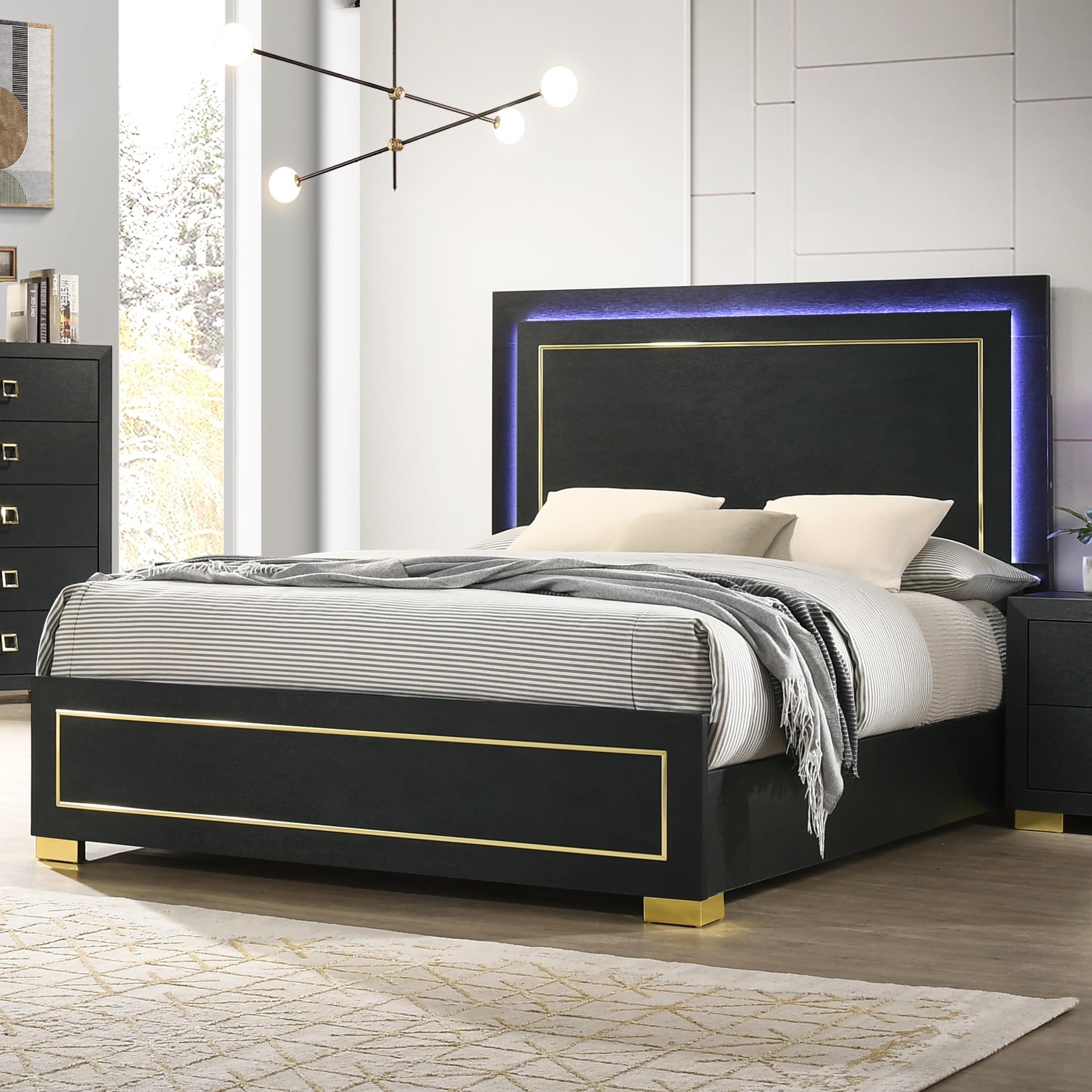 Furniture of America Winit Wood Panel Bed with LED, Twin, Black ...