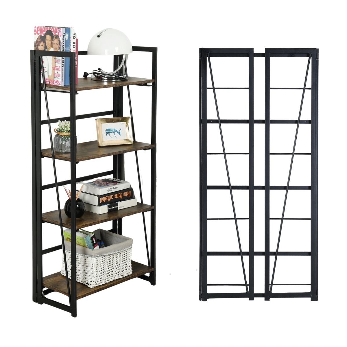FurnitureR Folding Bookshelf Rack 4-Tiers Bookcase Home Shelf Storage ...