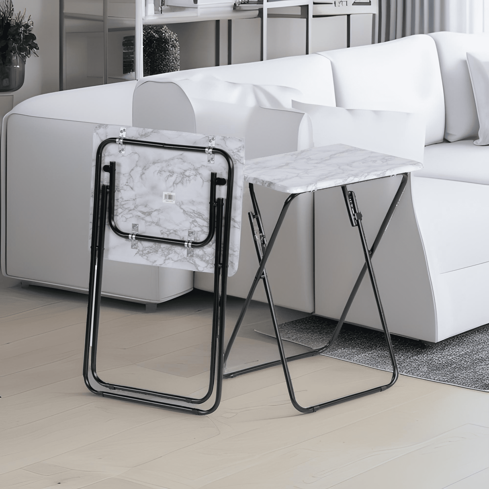 FurnitureR Folding Snack Tables – Set of 2, White Marble Finish ...