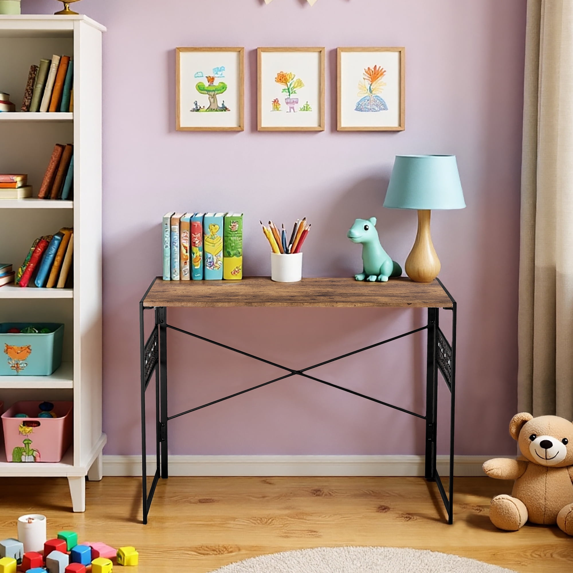 FurnitureR Folding Study Desk with Side Hooks, Compact Writing Table ...