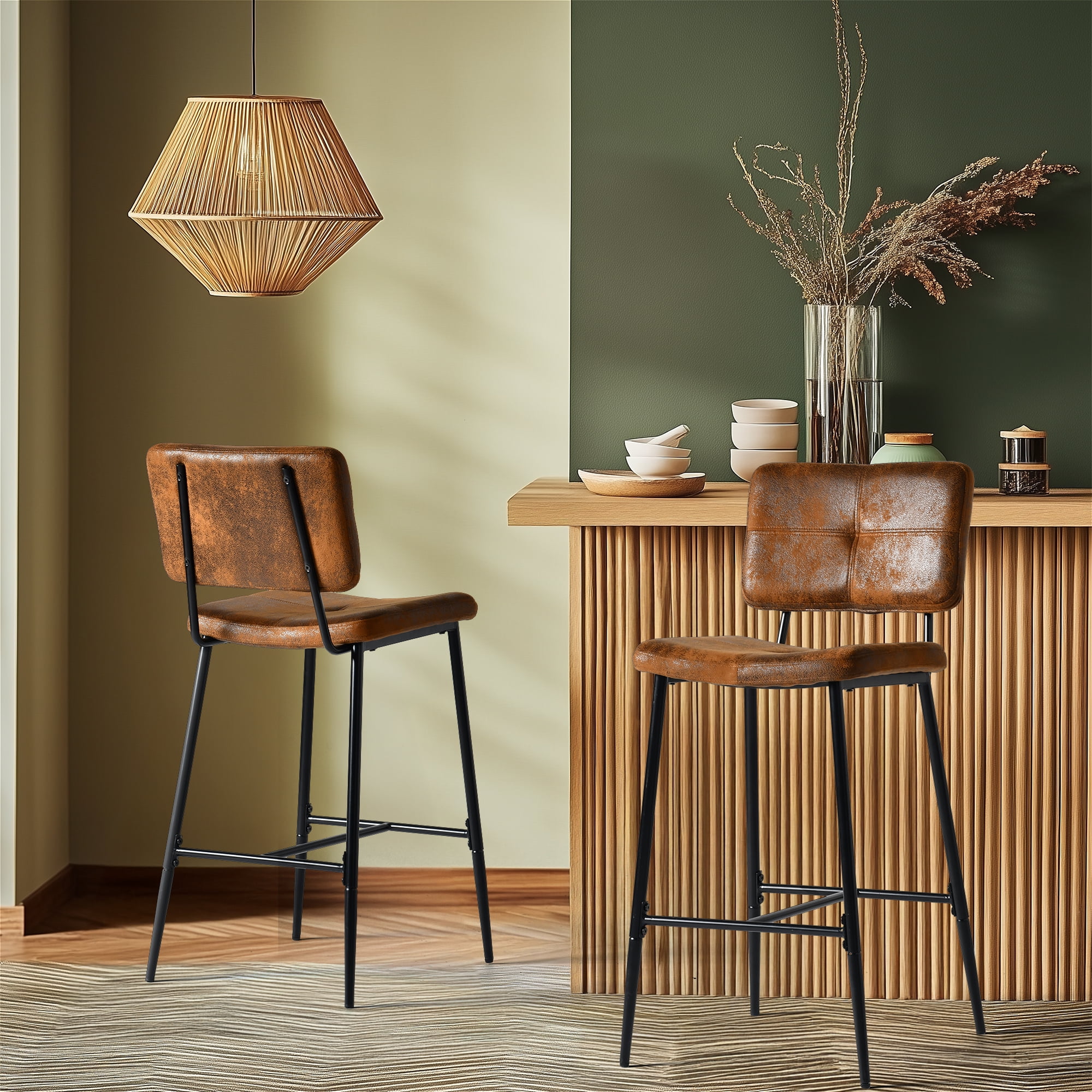 FurnitureR Set of 2 26.7" Industrial Bar Stools, Suede Upholstery with ...