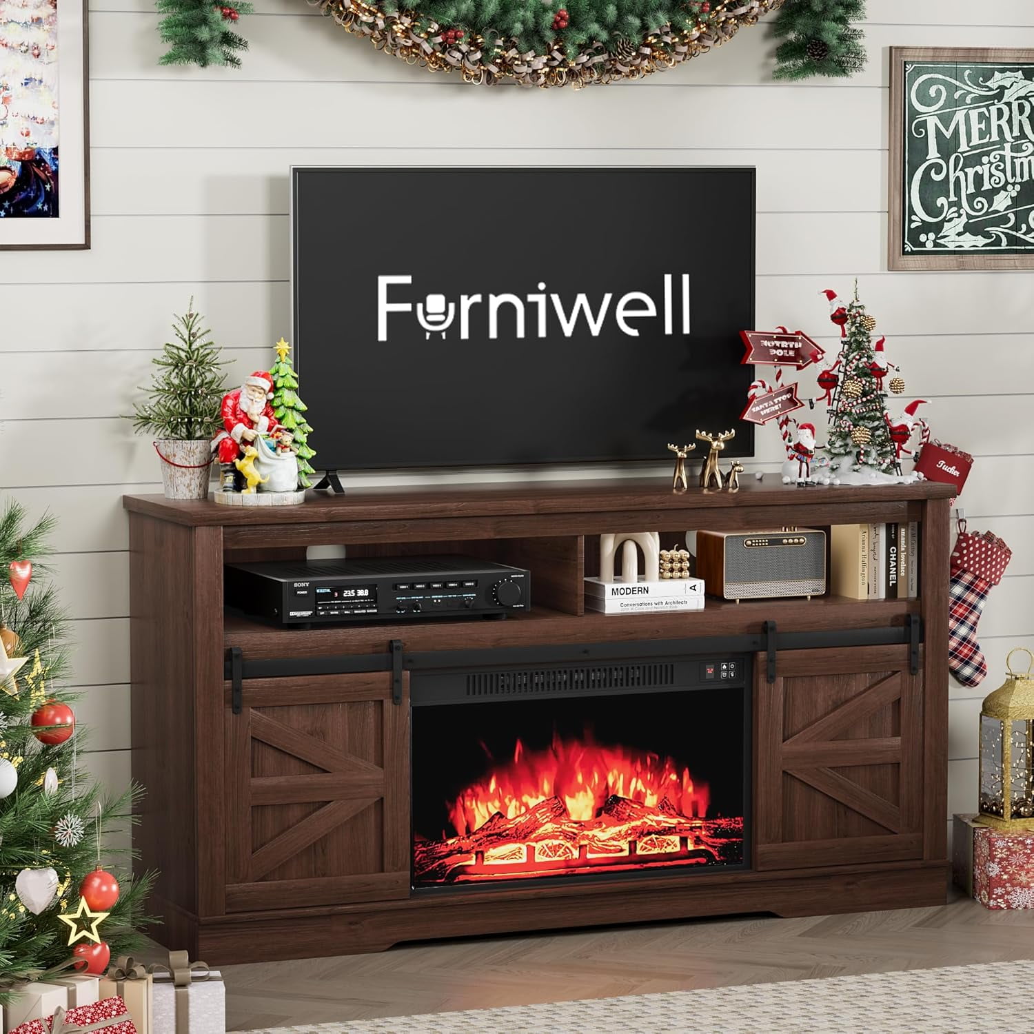 Furniwell Electric Fireplace TV Stand for TVs up to 65", Media ...