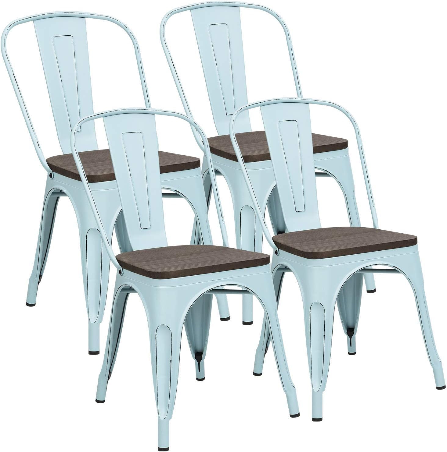 Furniwell Metal Dining Chairs with Wood Seat, Indoor Outdoor Use ...