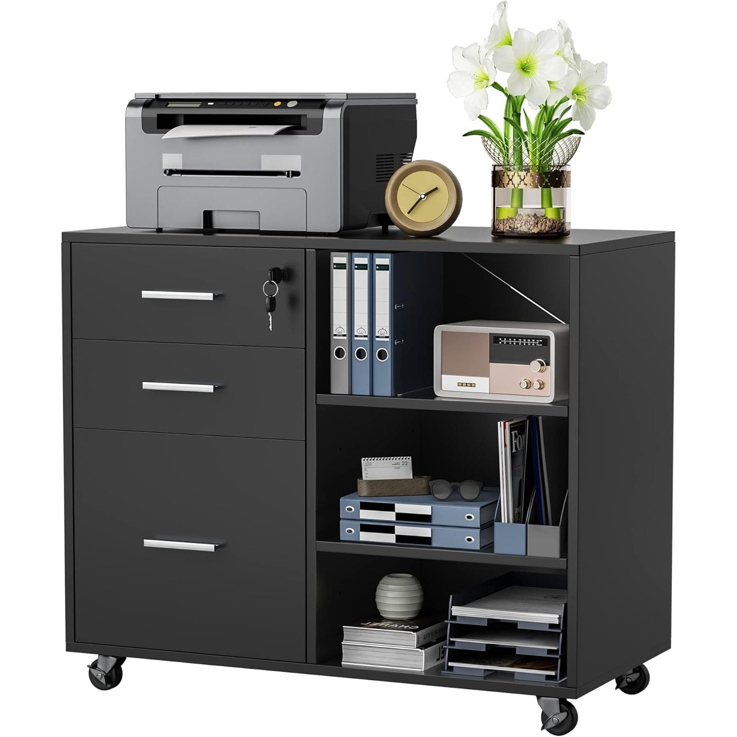 Furniwell Mobile Wood File Cabinet with Lock, 3 Drawer Office Lateral ...