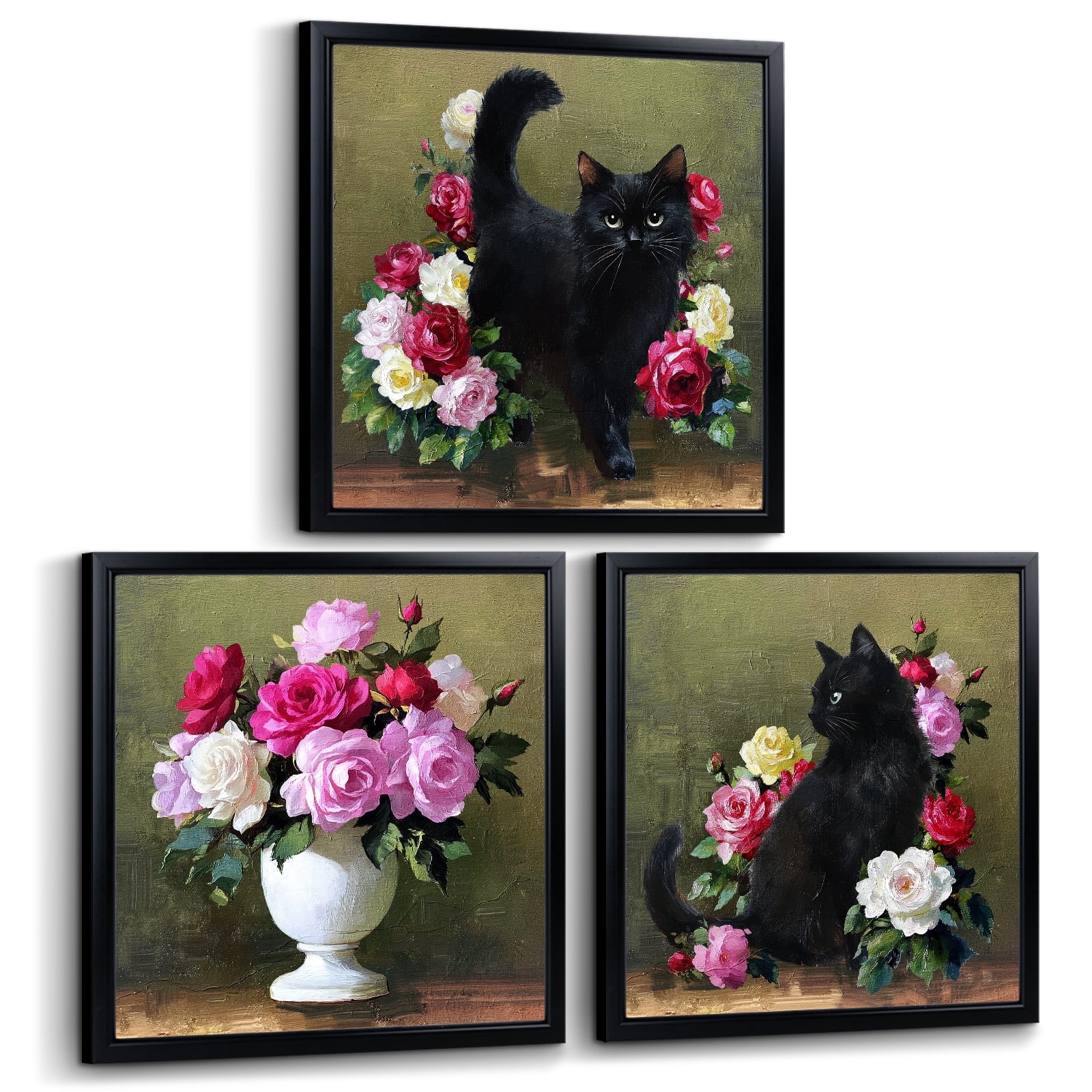 Furnster 12"x12" Floral and Black Cat Canvas Wall Art Set of 3 Framed ...