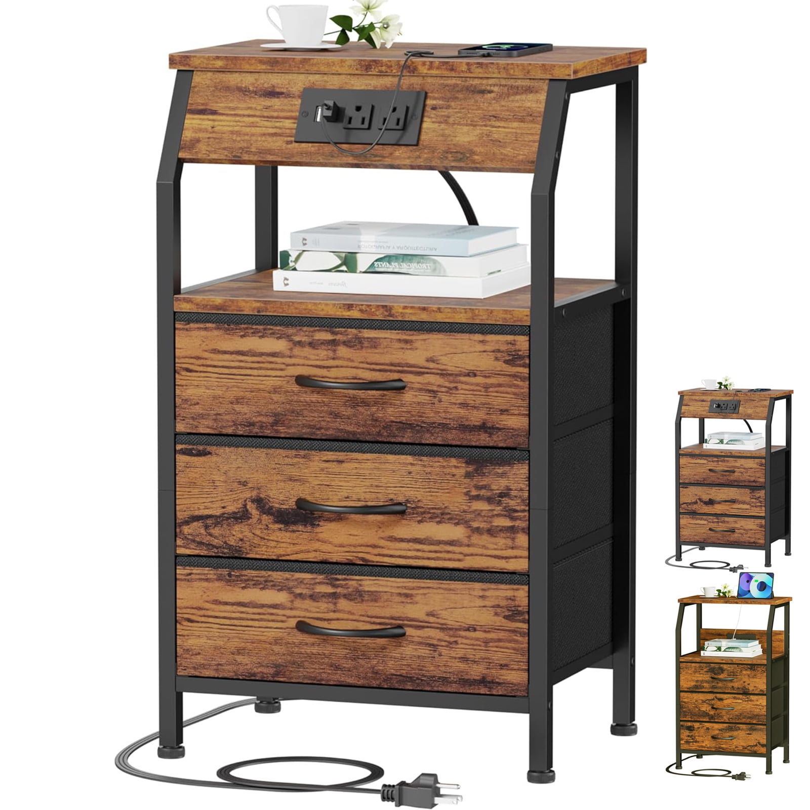 Furnulem 3 Drawer Night Stand with Charging Station,Bedside Table with ...