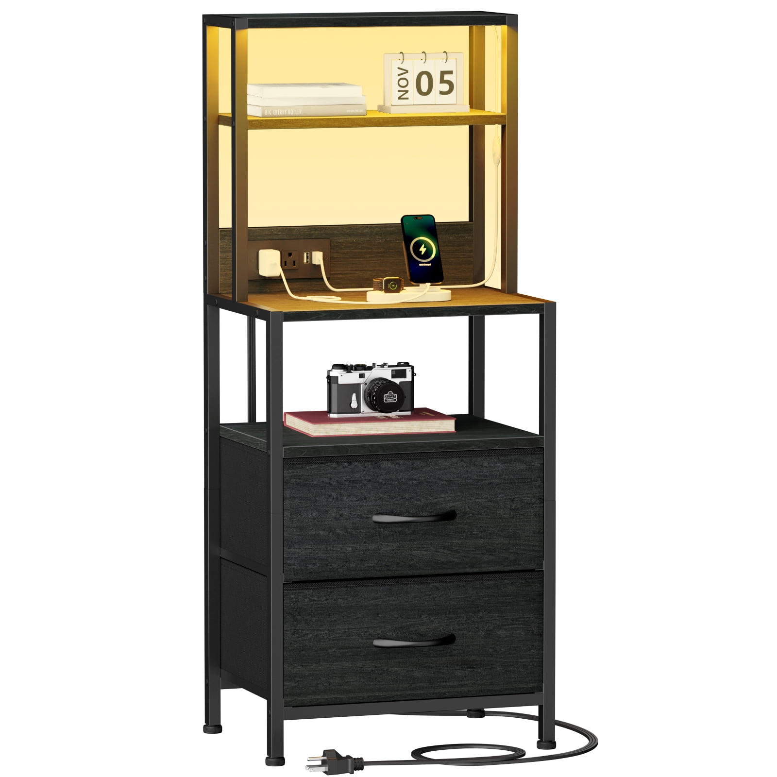 Furnulem 39inch Tall Nightstand with 2 Drawers and Charging Station ...