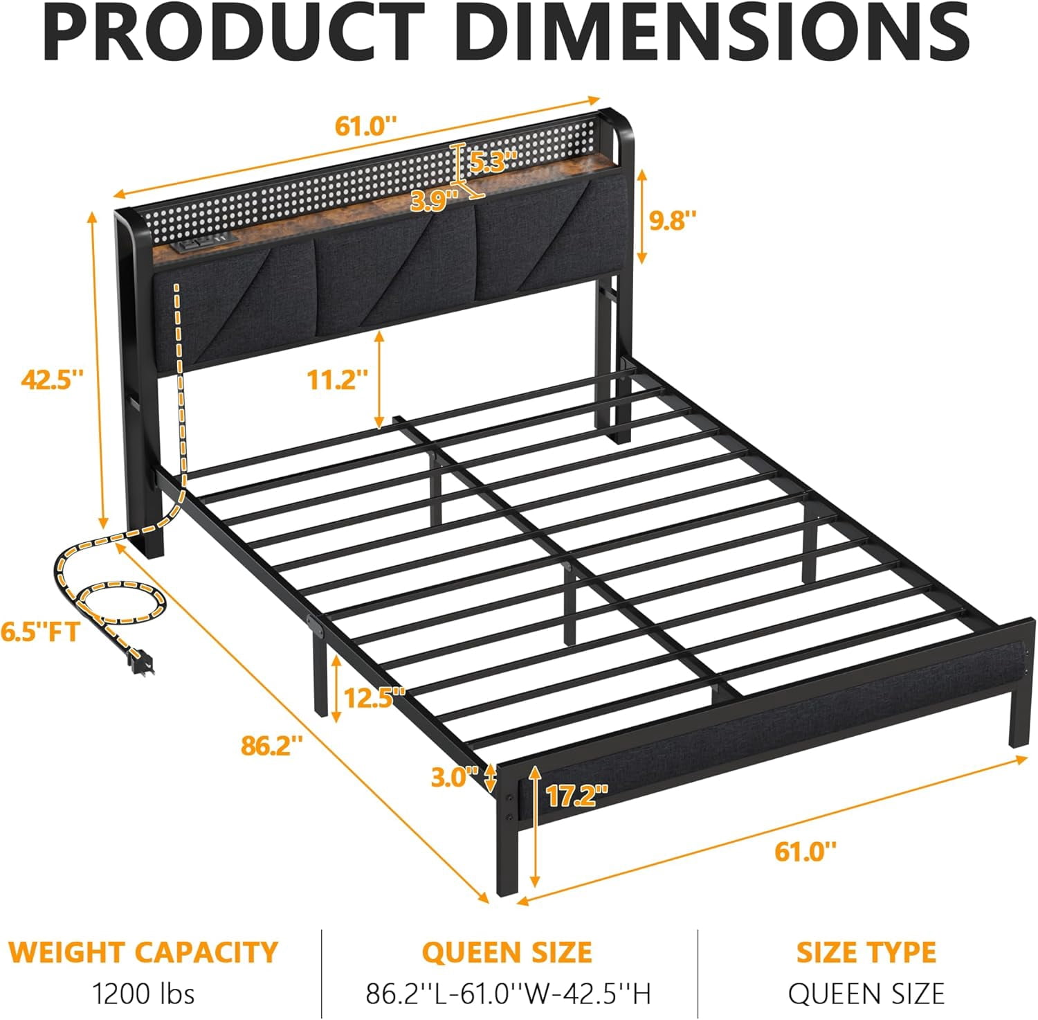 Furnulem Queen Size Bed Frame with Headboard, LED Lights, Charging ...