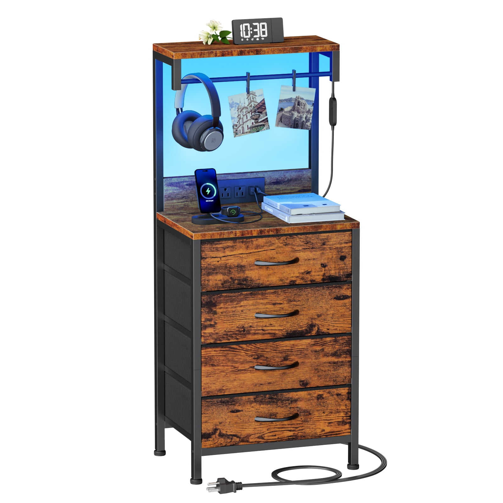 Furnulem Tall Nightstand with 4 Drawers and Charging Station,LED Night ...
