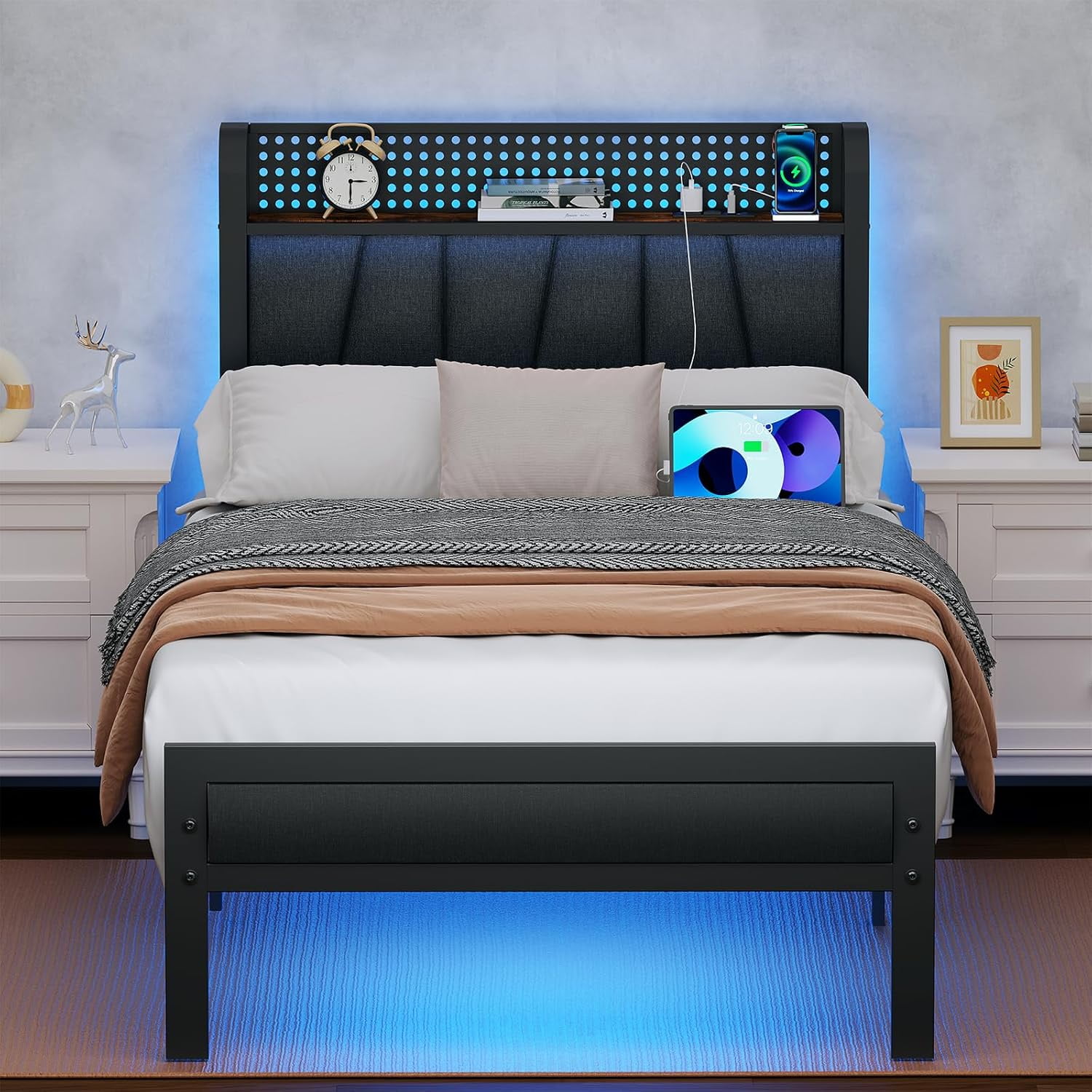 Furnulem Twin Size Bed Frame with LED Light and Charging Station, Grey ...