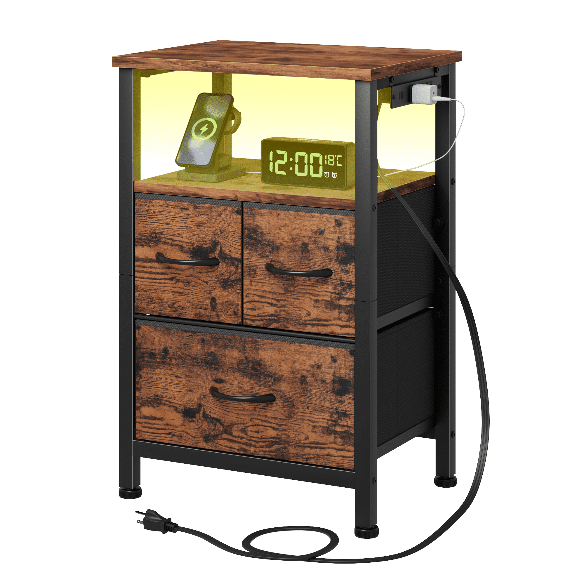 Furologee 25.8" Nightstand with Charging Station, End Table with 3 ...