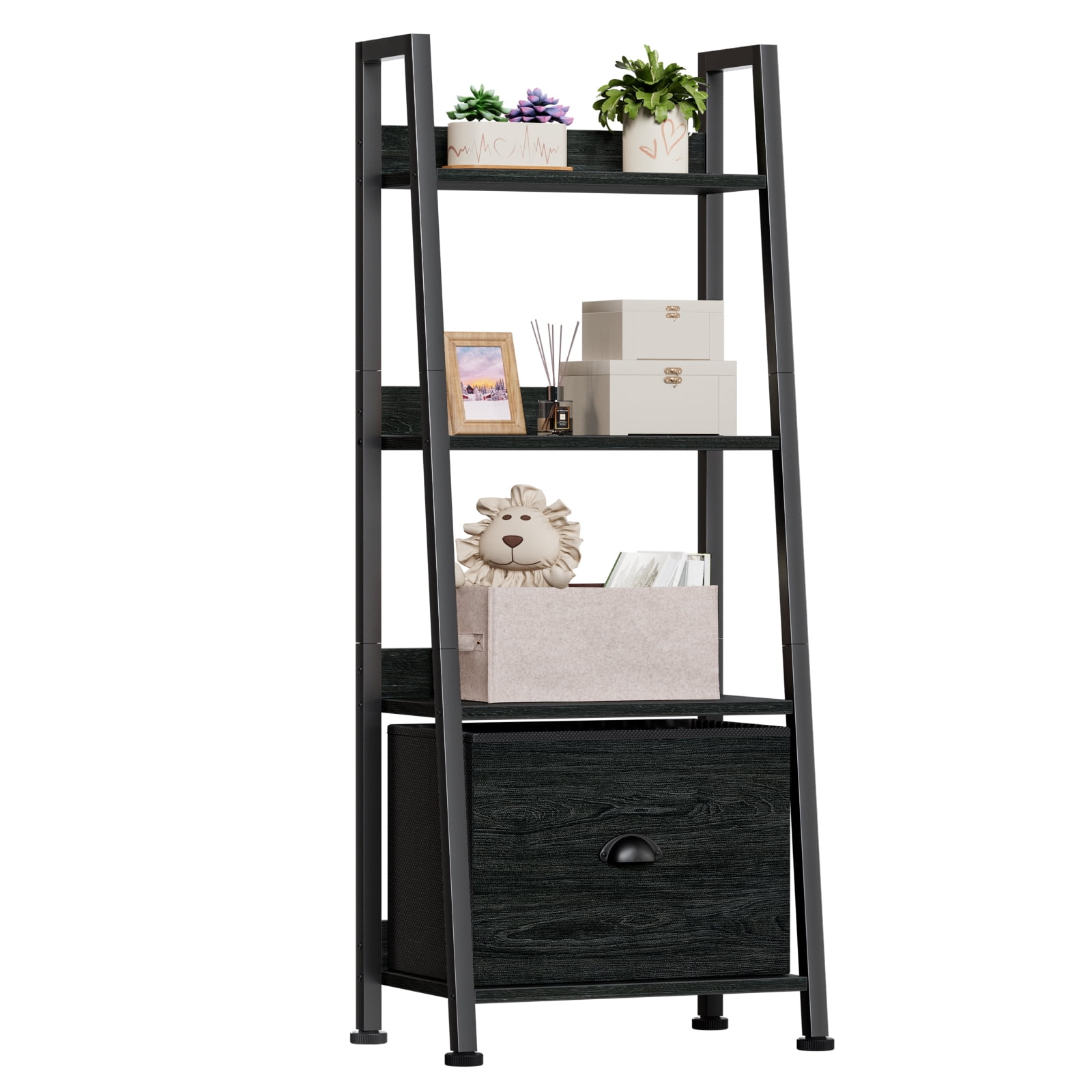 Furologee 4-Tier Ladder Shelf, Ladder Bookshelf with Removable Drawer ...