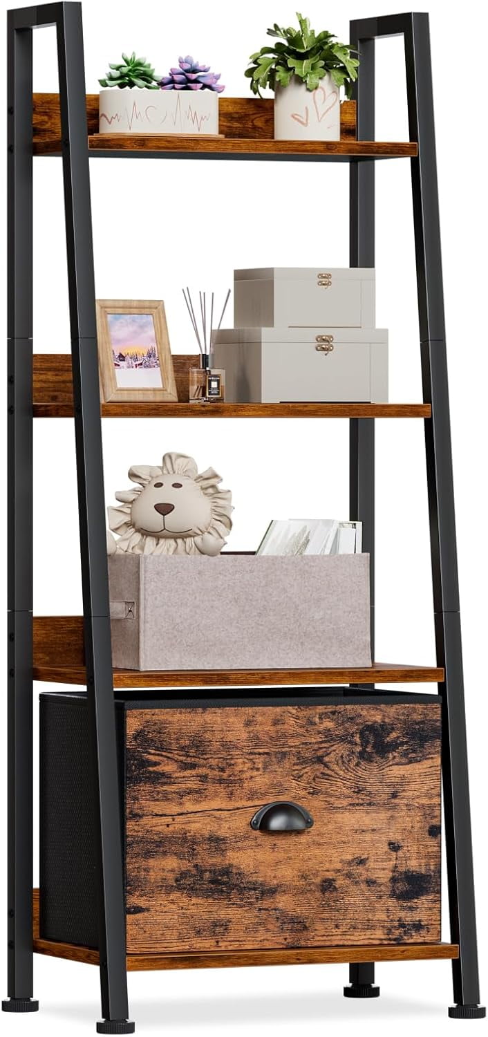 Furologee 4-Tier Ladder Shelf, Ladder Bookshelf with Removable Drawer ...