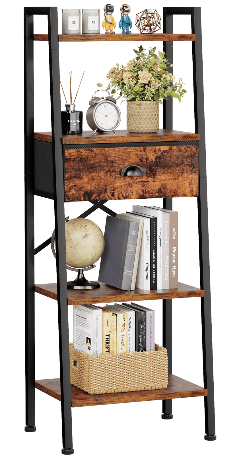 Furologee 4 Tier Ladder Shelf, Narrow Ladder Bookcase with Drawer ...