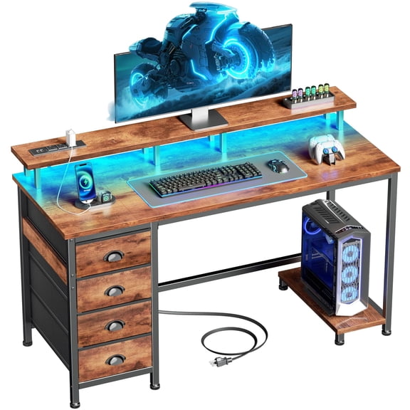 Furologee 55 Inch Computer Desk Gaming with 4 Fabric Drawers with Power ...