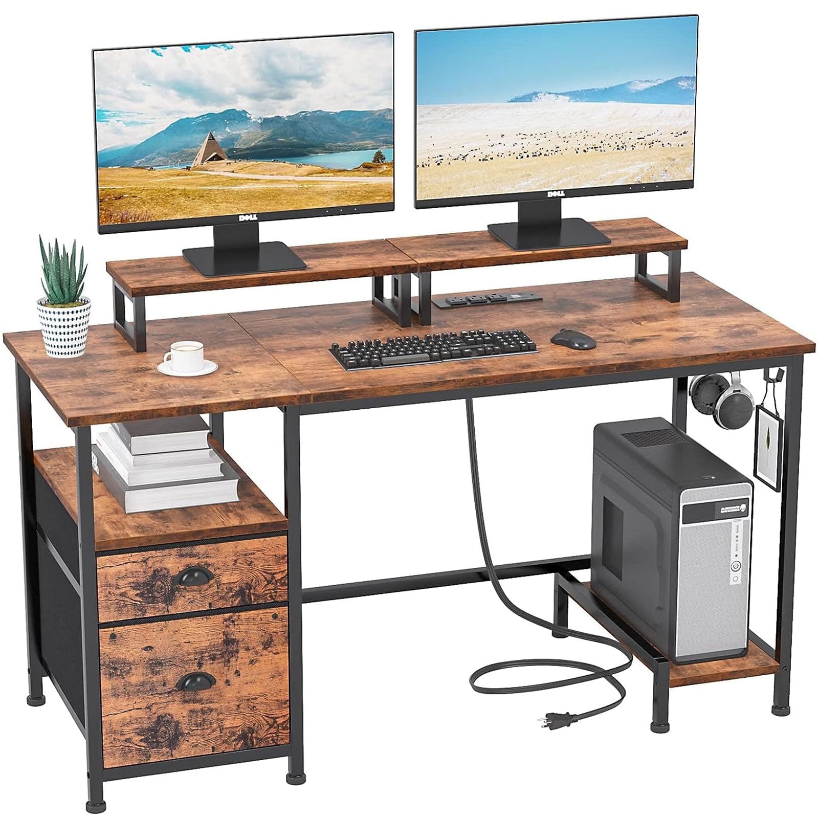 "Furologee 47"" Rustic Brown Office Desk with USB Ports, Printer ...