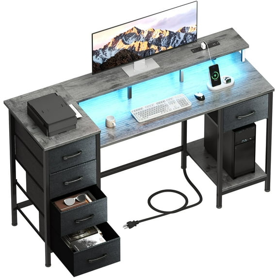 Furologee 47 Inch Computer Gaming Desk with Power Outlets LED Lights ...