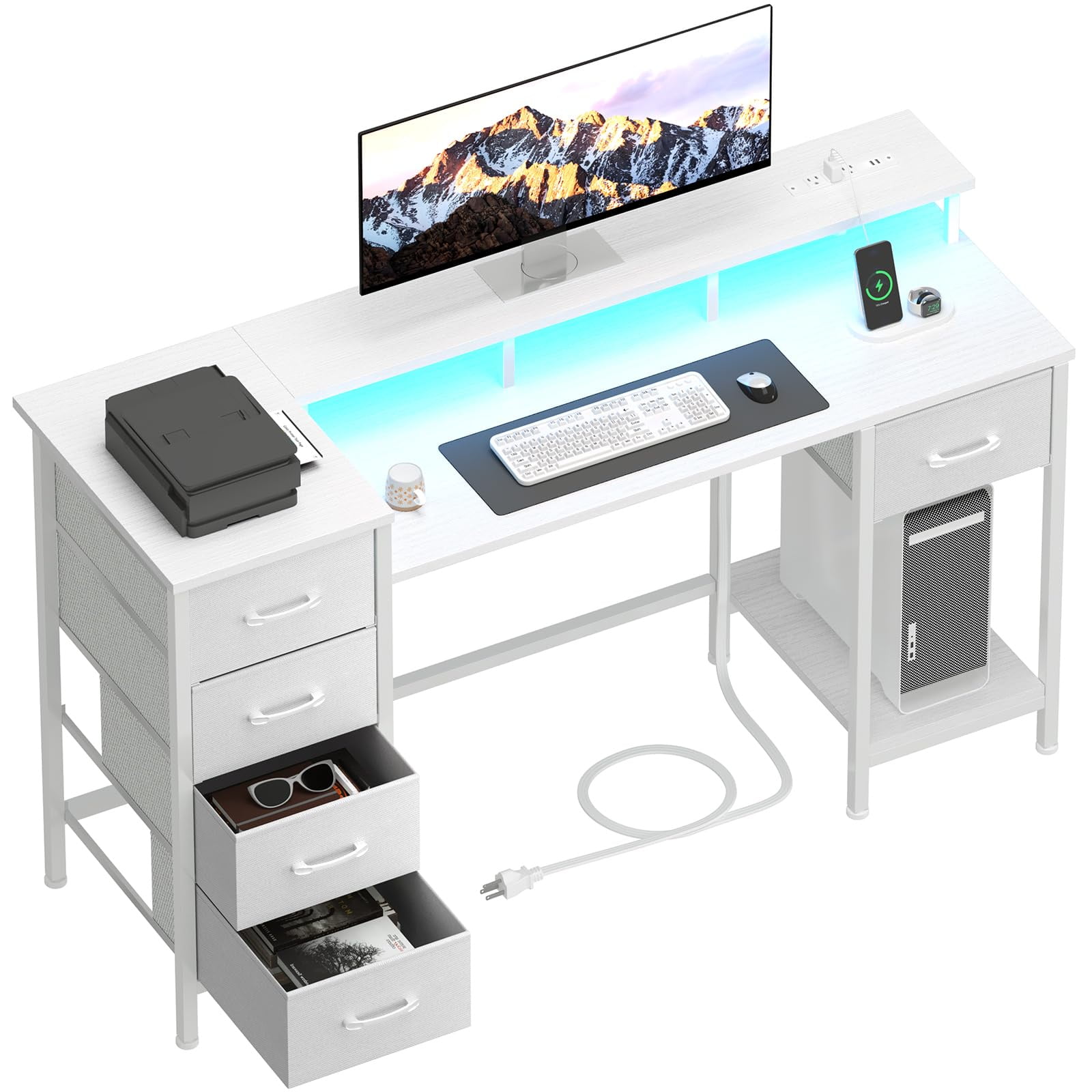 Furologee 47 Inch Computer Gaming Desk with Power Outlets LED Lights ...