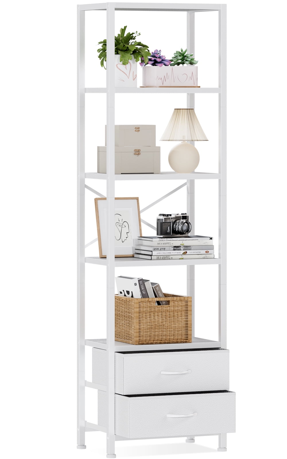 Furologee 5-Tier Corner Bookshelf with 2 Storage Drawers, 65.2" Tall ...