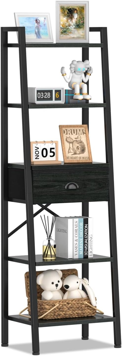 Furologee 5 Tier Ladder Shelf, Narrow Ladder Bookcase with Drawer ...