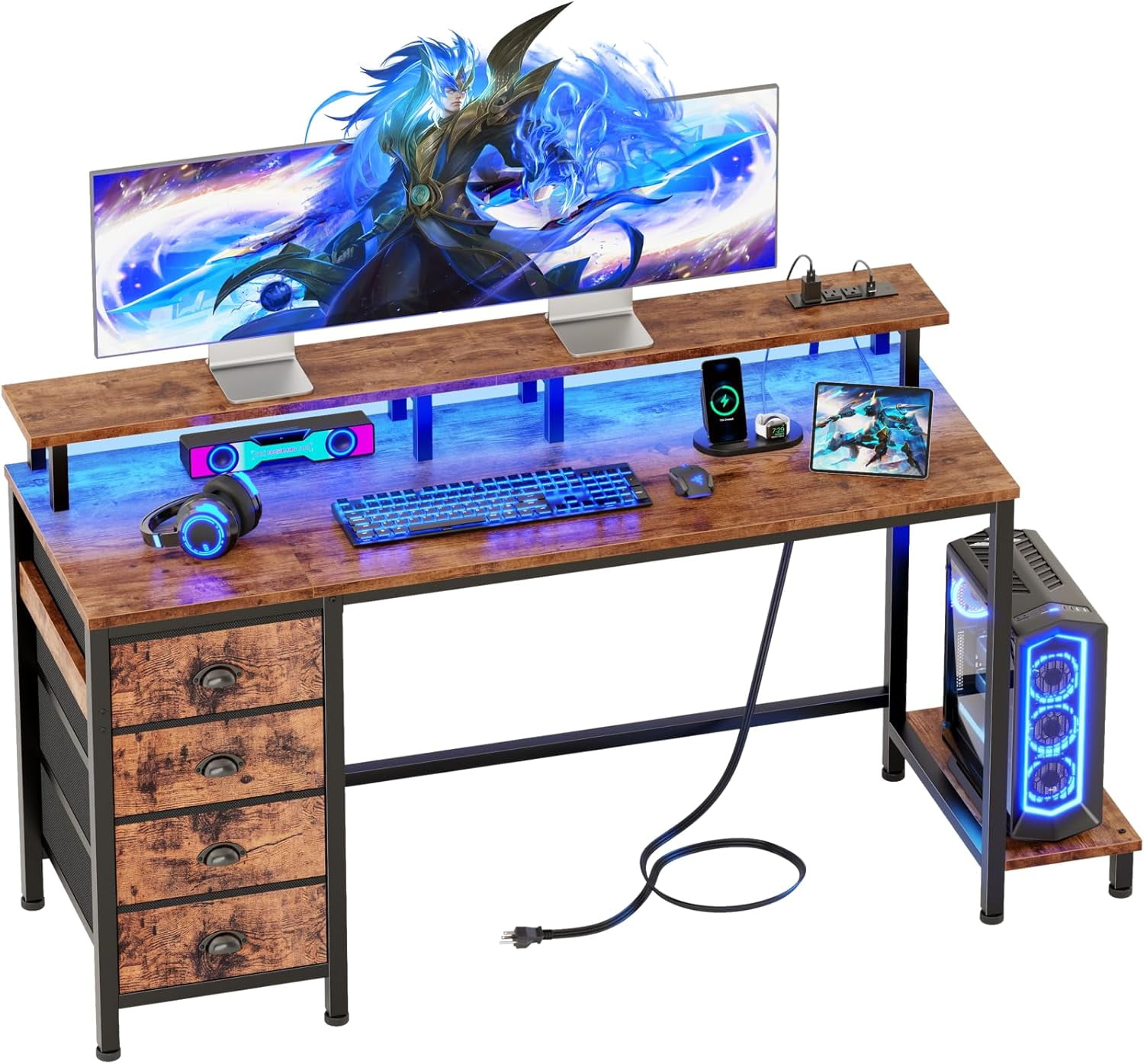 Furologee 55 Inch Computer Desk Gaming with 4 Fabric Drawers with Power ...