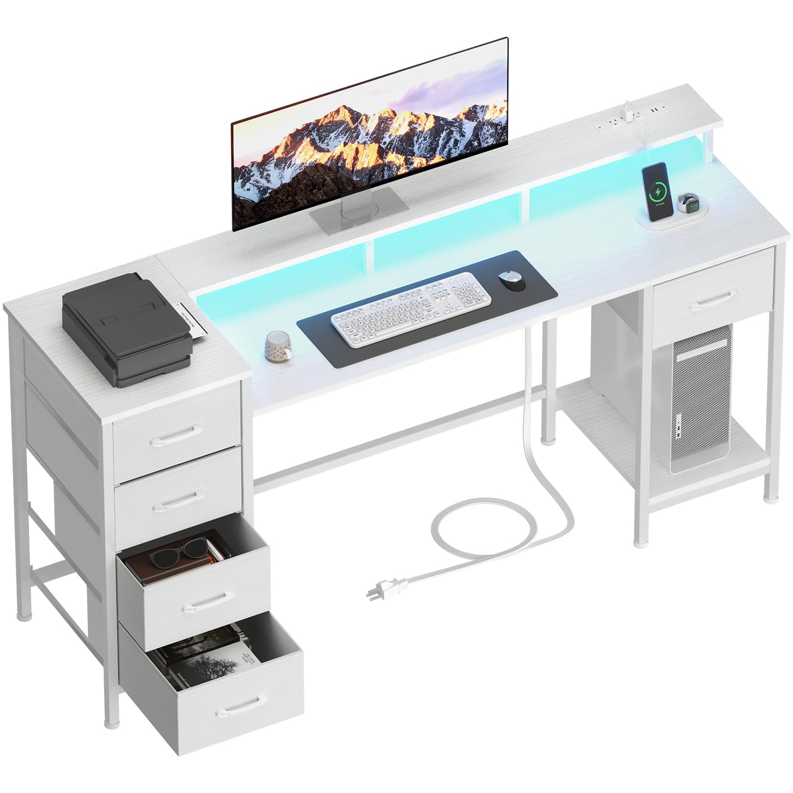 Furologee 55 Inch Computer Gaming Desk with Power Outlets LED Lights ...