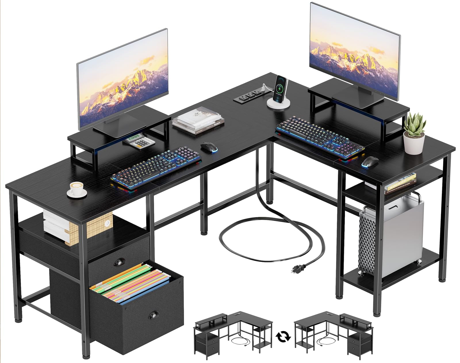 Furologee 59” L Shaped Desk with Power Outlet, Reversible Computer Desk ...