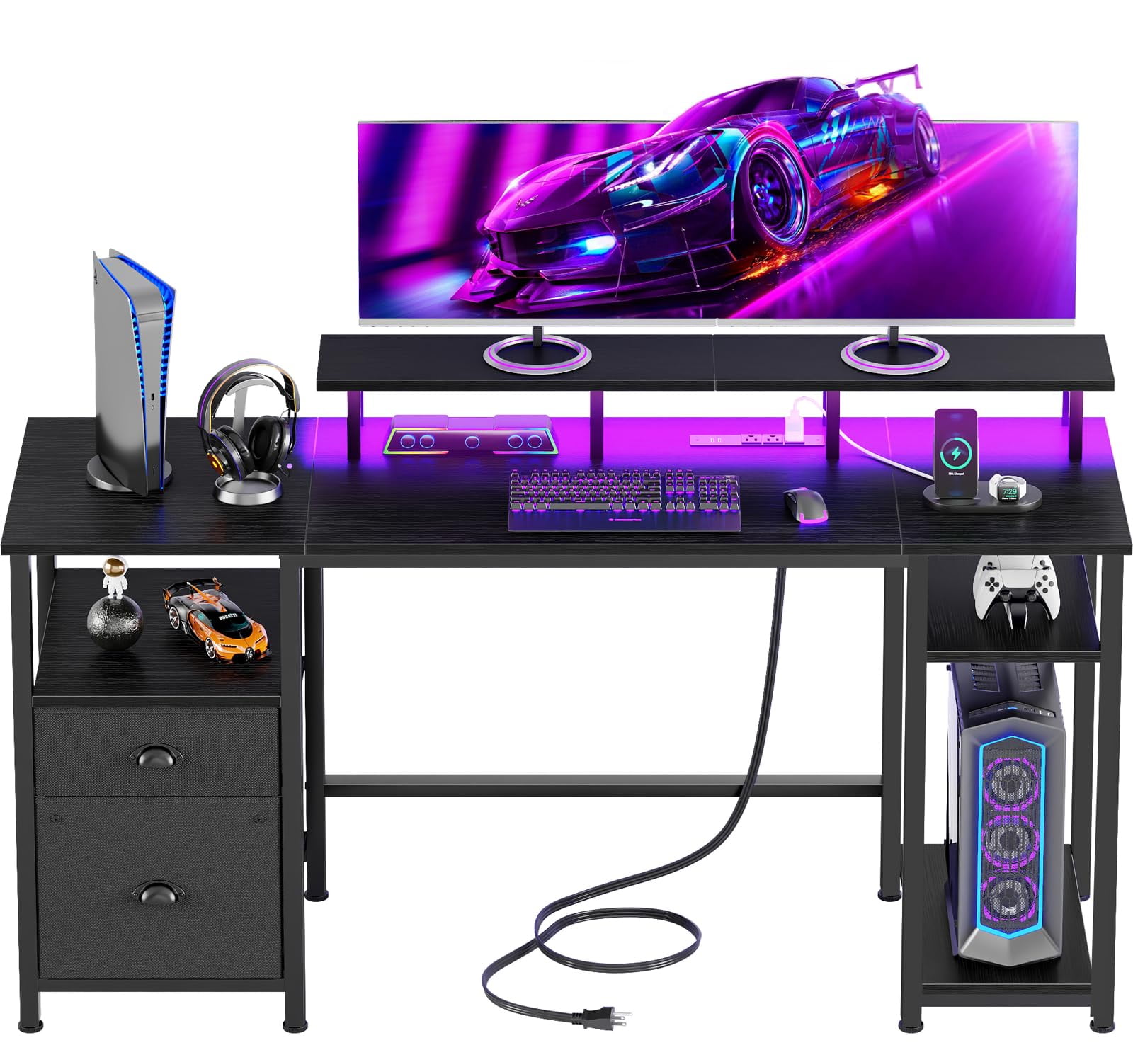 Furologee 61" Gaming Desk with Power Outlets & LED Lights, Reversible ...
