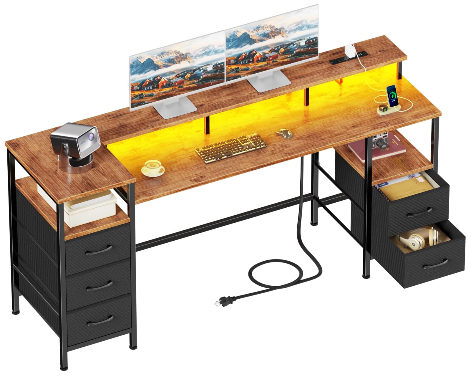Furologee 61 Inch Computer Gaming Desk with Power Outlets & LED Lights ...