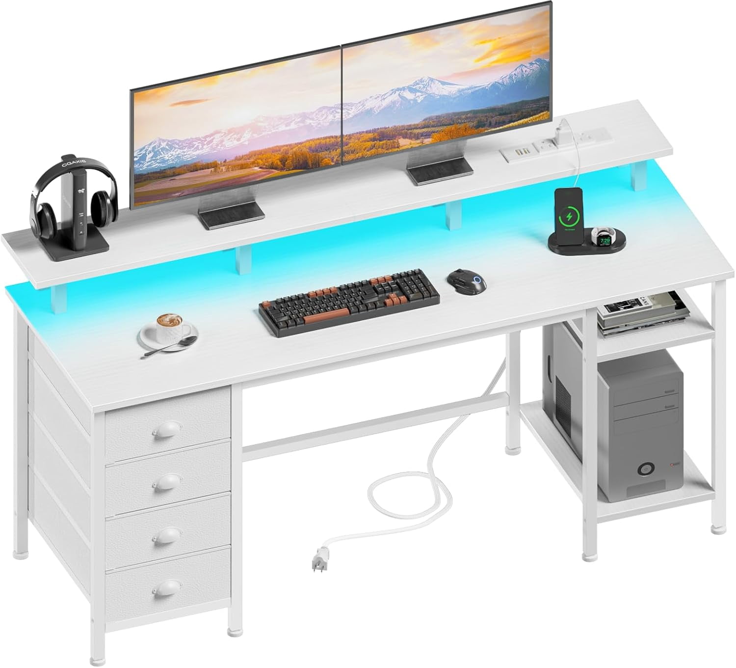 Furologee 61 Inch Desk with 4 Drawers, Computer Desk with Power Outlets ...