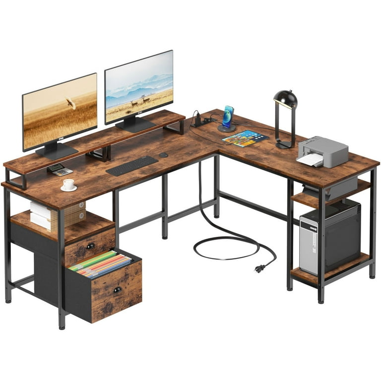 66 in. L Shaped Computer Desk with 2 Monitor Stand Power Outlet Cabinet Gaming Desk Metal Base with Drawers Writing Desk for Home Office Furco Color