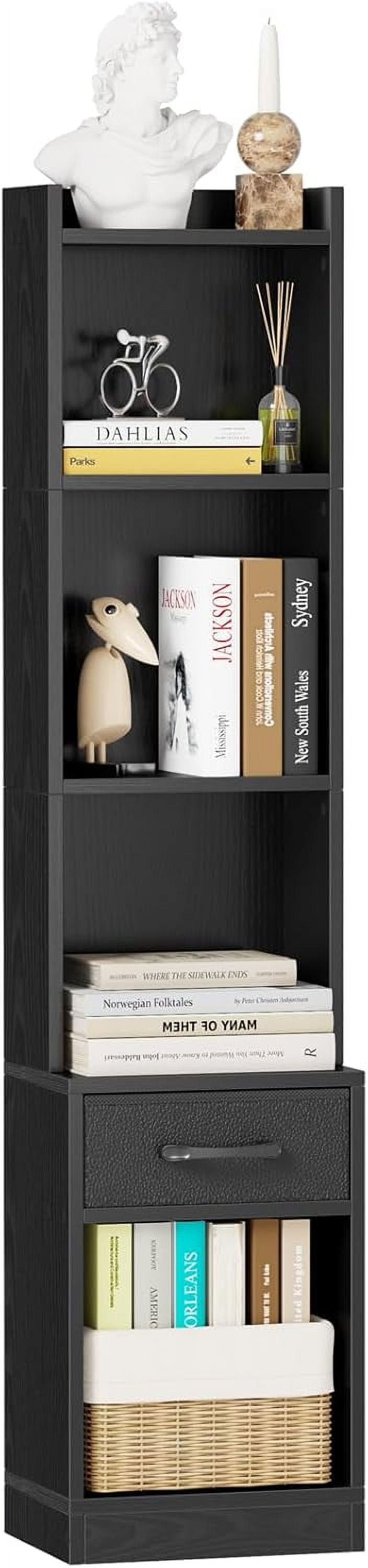 Black Bookshelf with Drawer, 5 Tier Narrow Wooden Display Book Shelf ...